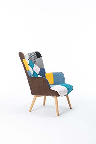 Lepfun Patchwork Solid Wood Armrest and Feet, Mid-Century Modern Accent, Fabric Sofa Chair for Living Room Bedroom Studio, Comfy Side Armchair for Bed,Antique Blue