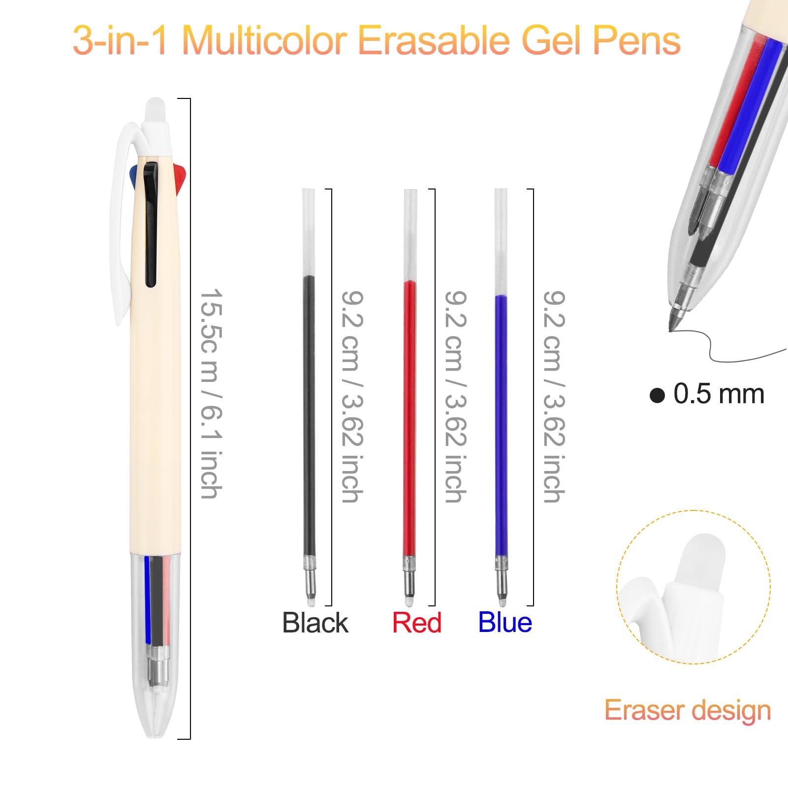 6 PCS 3-in-1 Multicolor Erasable Gel Pens, Erasable Multicolor Ballpoint Pen for Make Mistakes Disappear,0.5mm Ink Gel Pens Quick-drying Rolling Ball Pens with Eraser,3-Color Retractable Erasable Pens