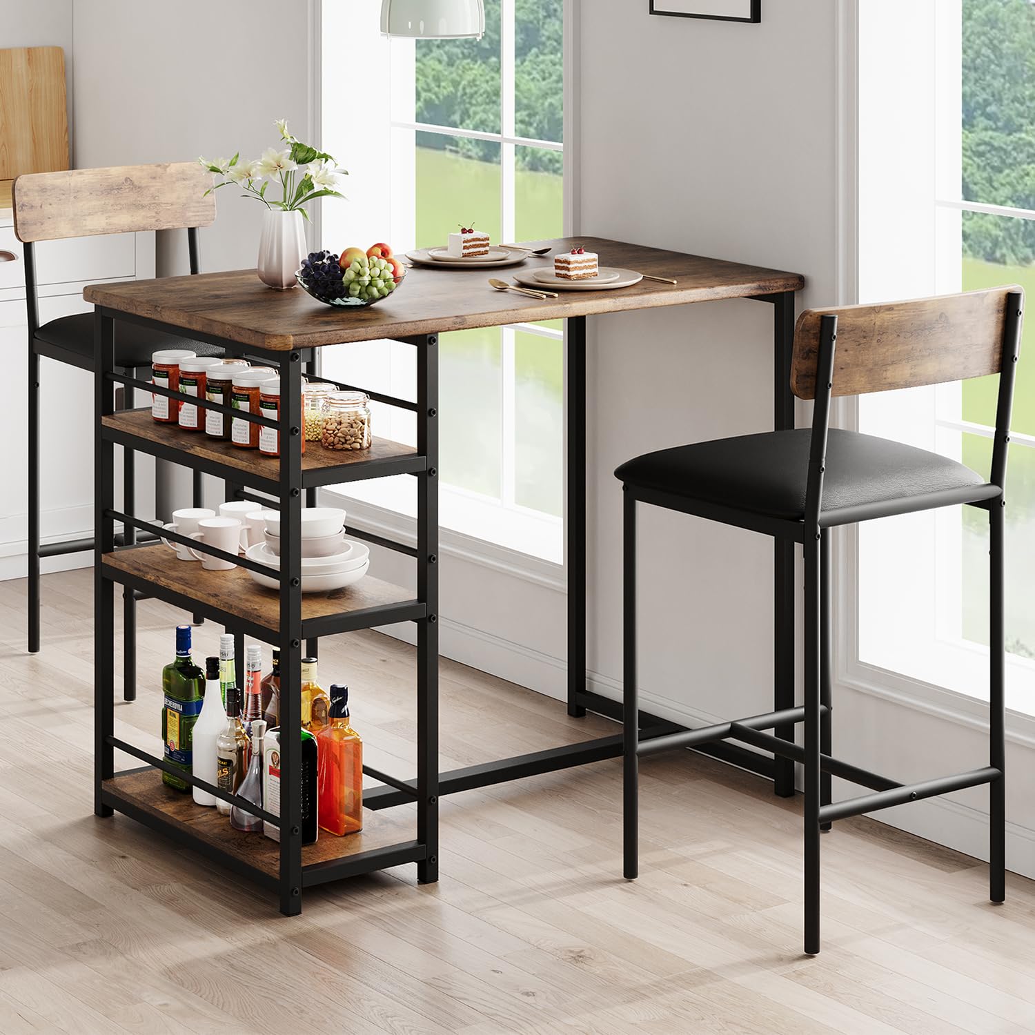GAOMON Rustic Brown 3-Piece Counter Height Bar Kitchen Table Set with 3 Storage Shelves for Small Spaces, Apartment, Dining Table and 2 Upholstered Bar Height Chairs