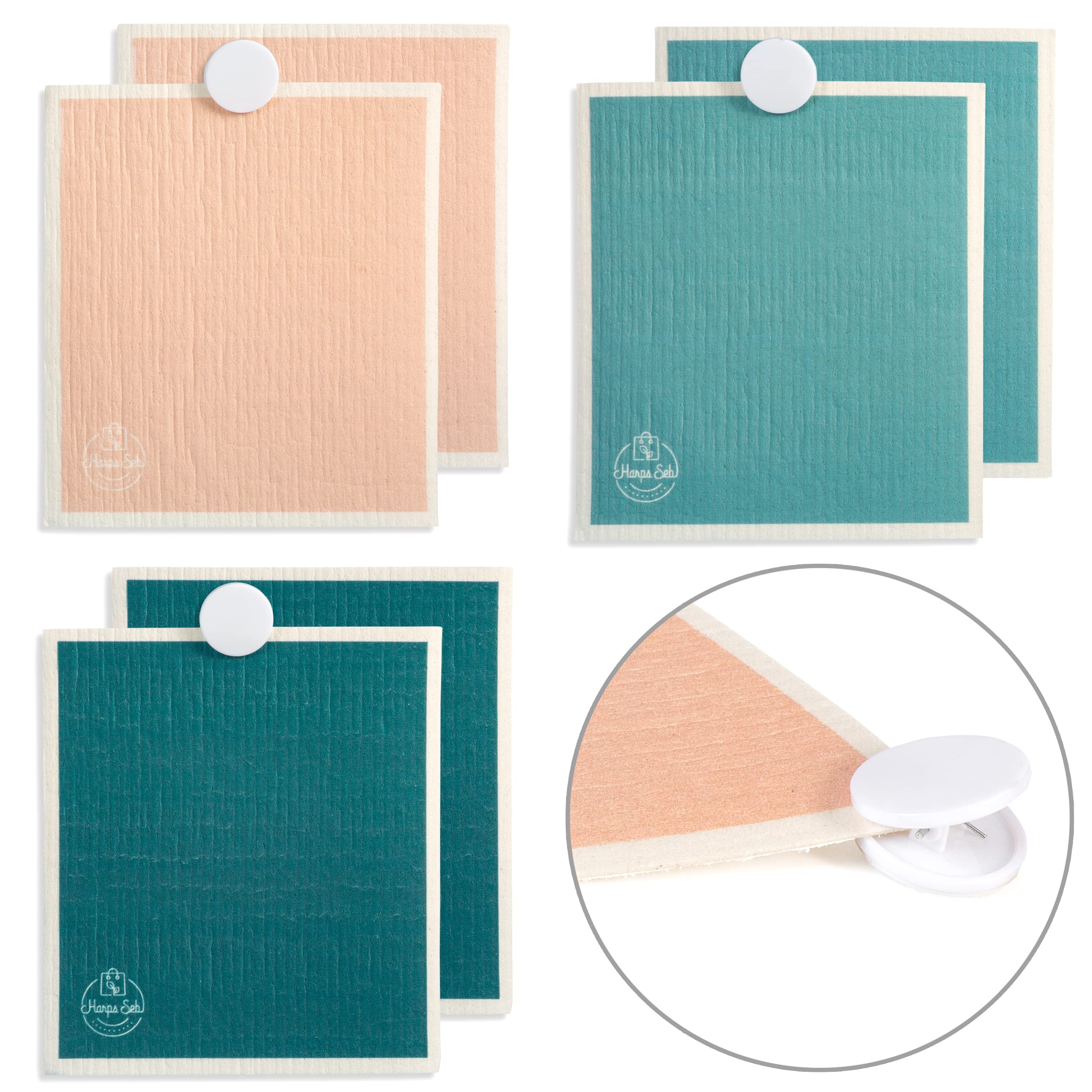 Harps&Seb 6-Pack, Reusable Swedish Dishcloths,Super Absorbent Washable Swedish Dish Towels with Convenient Hanging Clips, No Odor, Biodegradable, Non-Scratch Reusable Paper Towels