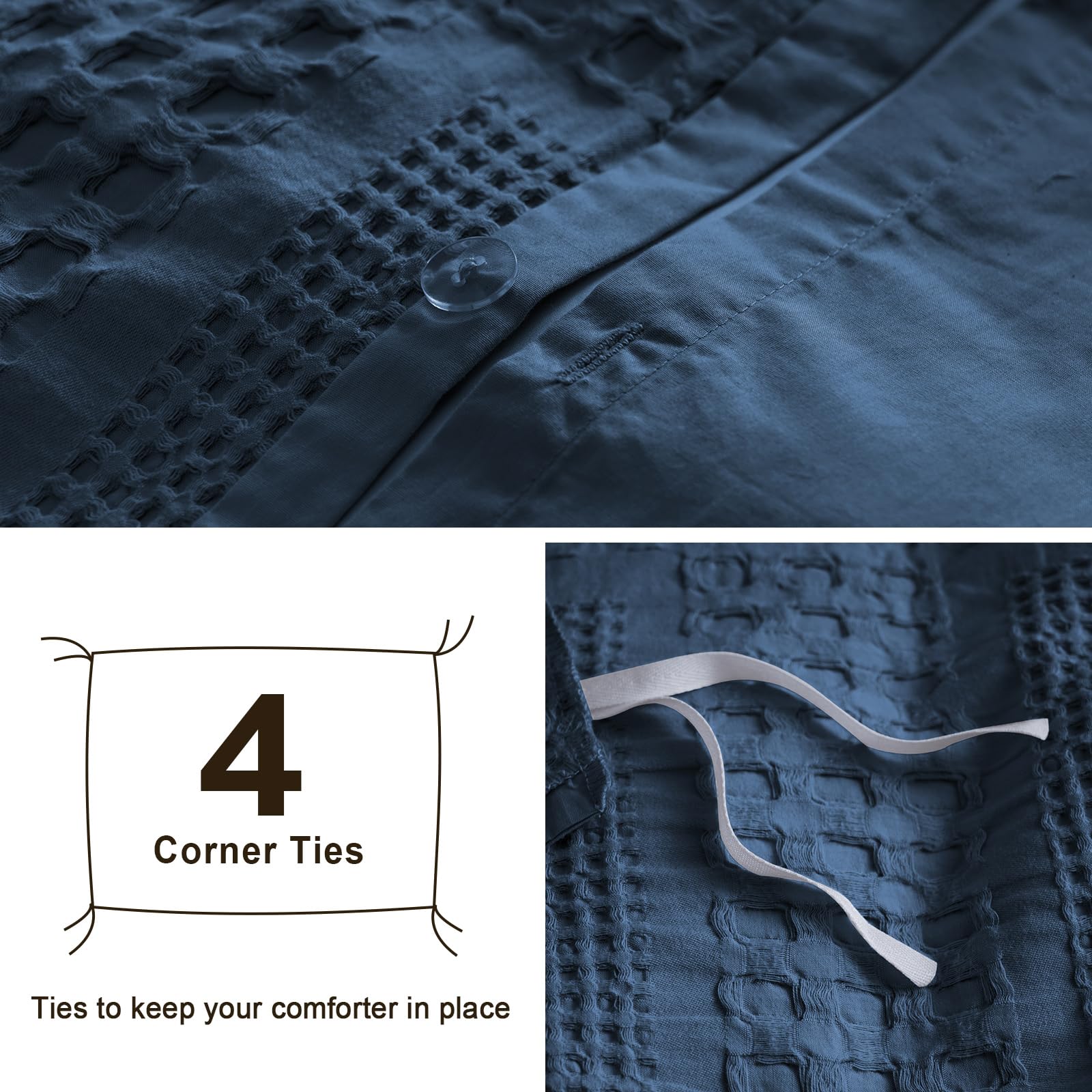 PHF 100% Cotton Waffle Duvet Cover Queen Size, 3 Pieces Soft Breathable Duvet Set for All Season, Pre-Washed Decorative Textured Comforter Cover with 2 Pillow Shams, 90"x92", Navy Blue