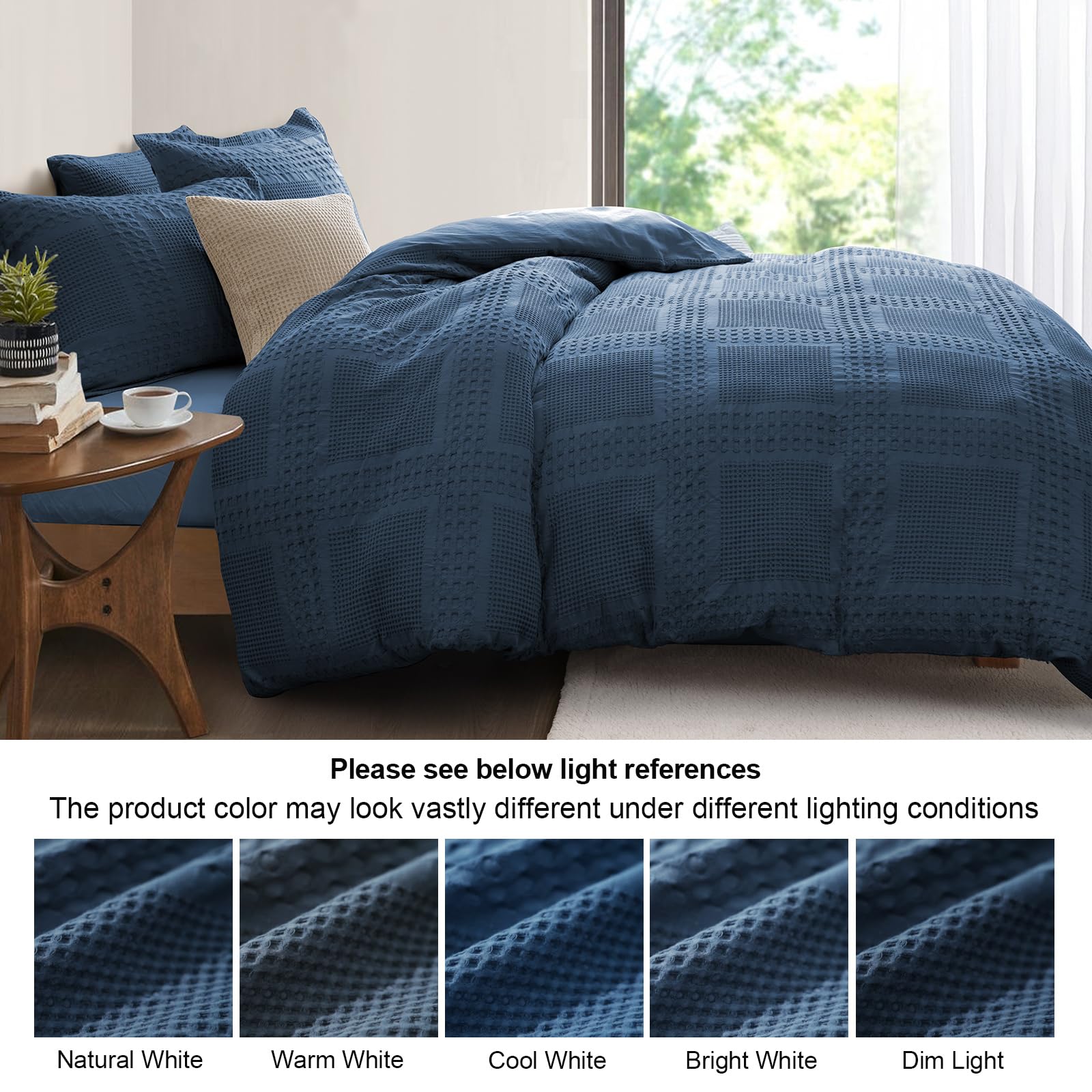 PHF 100% Cotton Waffle Duvet Cover Queen Size, 3 Pieces Soft Breathable Duvet Set for All Season, Pre-Washed Decorative Textured Comforter Cover with 2 Pillow Shams, 90"x92", Navy Blue