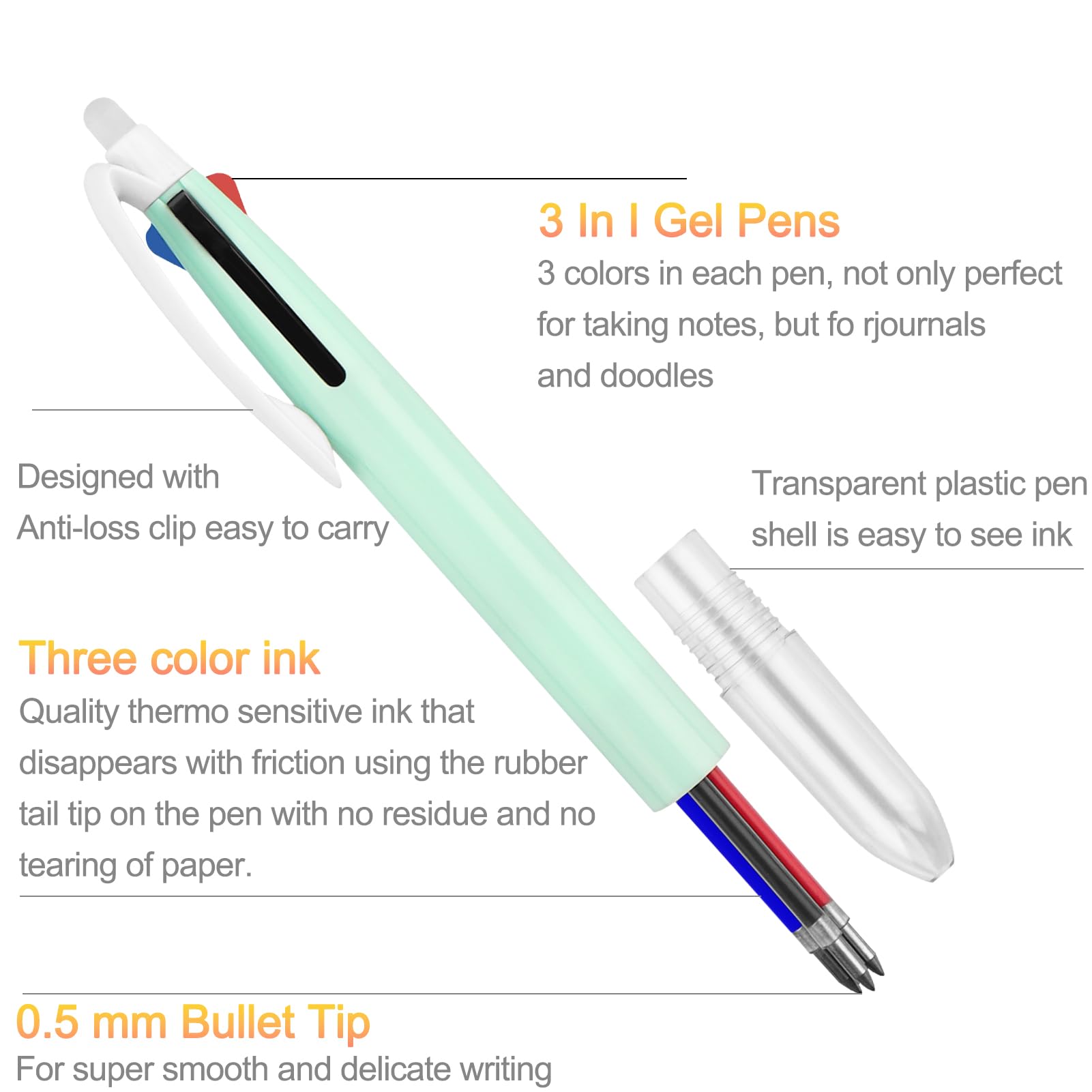 6 PCS 3-in-1 Multicolor Erasable Gel Pens, Erasable Multicolor Ballpoint Pen for Make Mistakes Disappear,0.5mm Ink Gel Pens Quick-drying Rolling Ball Pens with Eraser,3-Color Retractable Erasable Pens