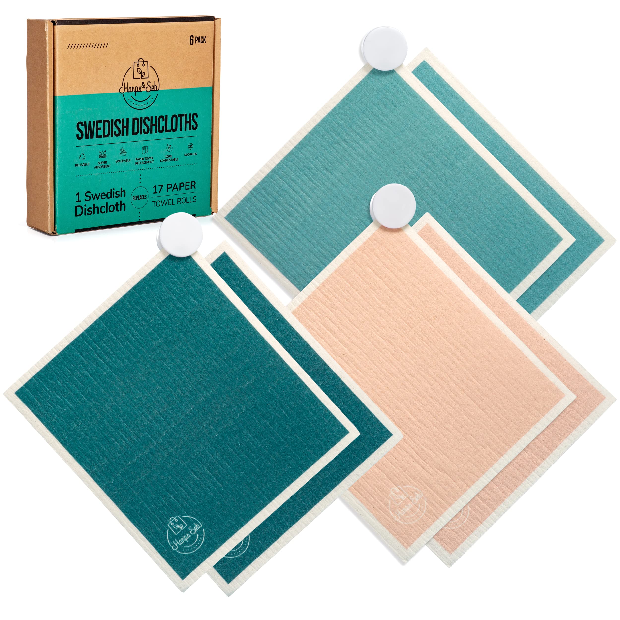 Harps&Seb 6-Pack, Reusable Swedish Dishcloths,Super Absorbent Washable Swedish Dish Towels with Convenient Hanging Clips, No Odor, Biodegradable, Non-Scratch Reusable Paper Towels