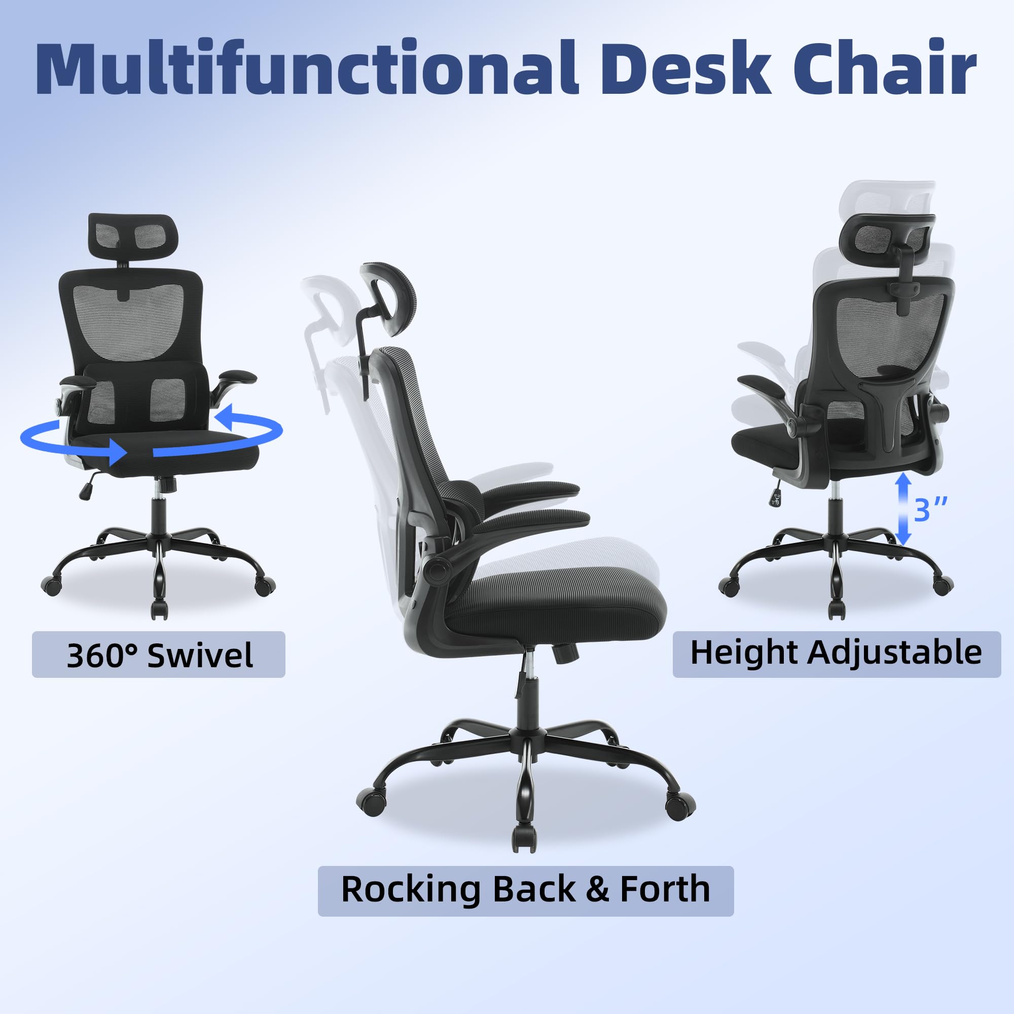 Westice Ergonomic Office Chair, Executive Mesh Office Chair with Flip up Arms & Adjustable Height, Comfortable High Back Swivel Computer Desk Chairs with Lumbar & Back Support, Black