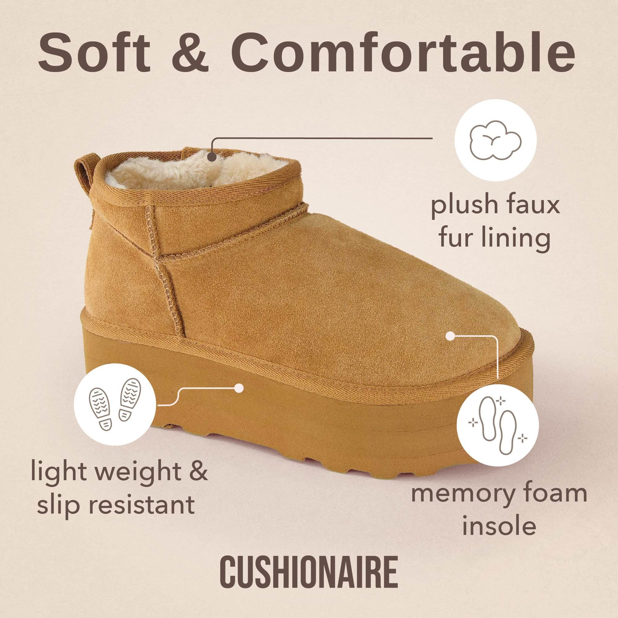 CUSHIONAIRE Hippy Womenβs Platform Ankle Boots β Genuine Suede, Faux Fur Lining, Cozy Winter Slip-On Design boots for women, CHESTNUT 11