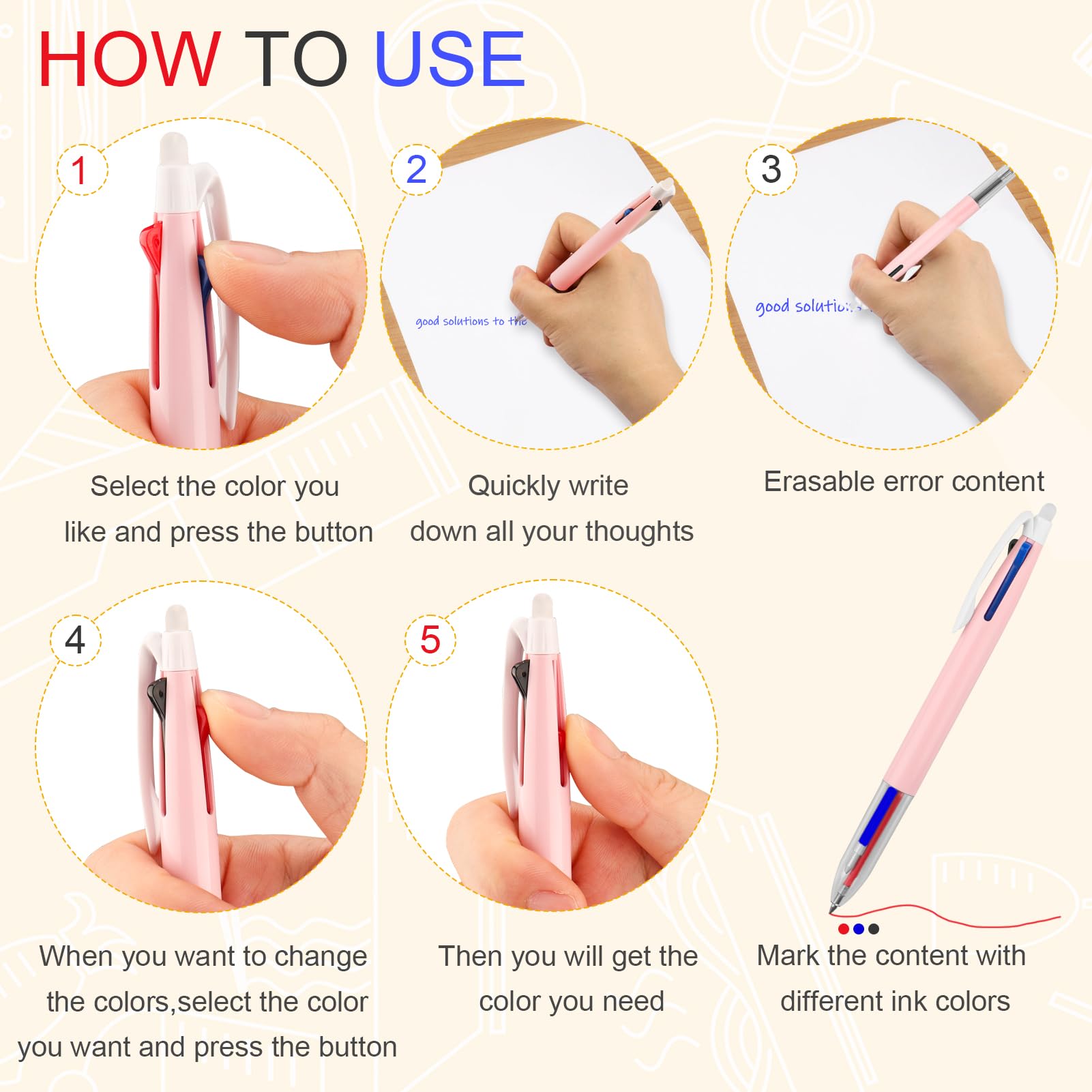 6 PCS 3-in-1 Multicolor Erasable Gel Pens, Erasable Multicolor Ballpoint Pen for Make Mistakes Disappear,0.5mm Ink Gel Pens Quick-drying Rolling Ball Pens with Eraser,3-Color Retractable Erasable Pens