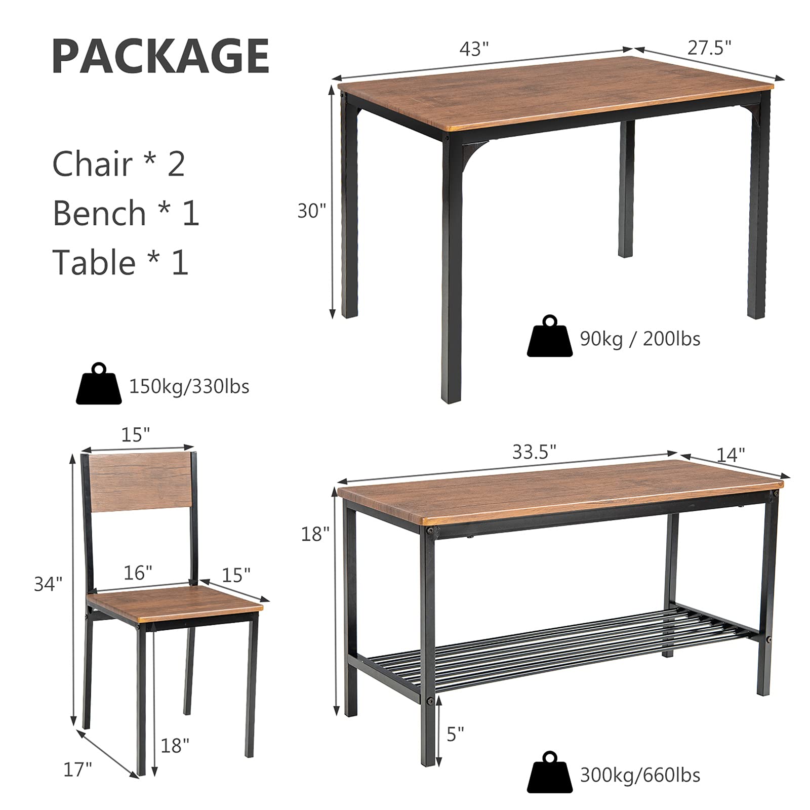 Giantex Dining Table Set for 4, Kitchen Table with Bench and Chairs, Industrial Gathering Bench Dining Set W/Metal Frame & Storage Rack, Dinette Set, Modern Functional Desk Set (Brown)