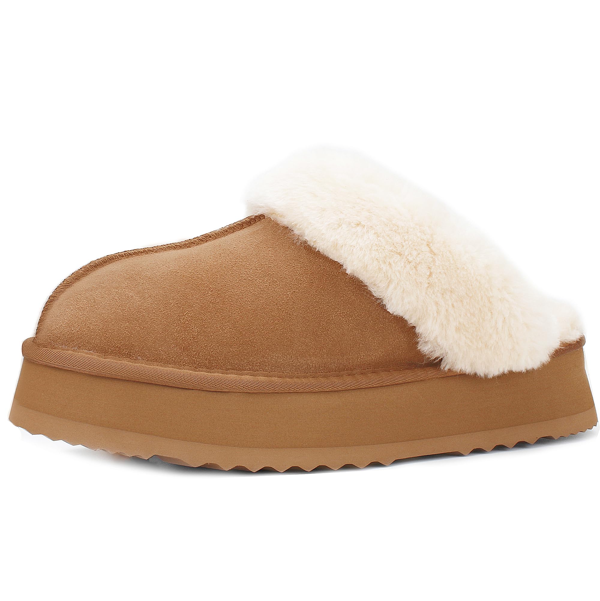 Yonnzn Platform Slippers for Women Indoor Outdoor Suede Leather Fuzzy House Shoes