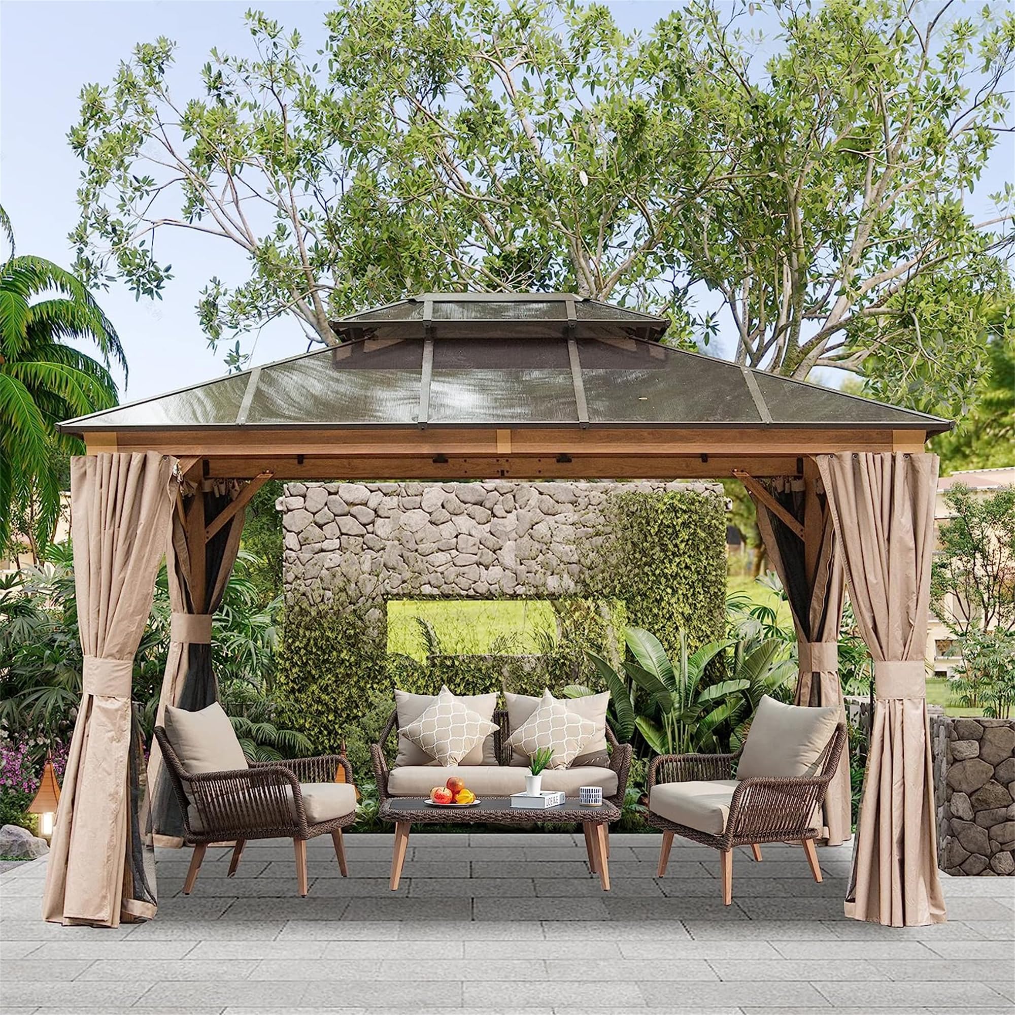 RITSU 10'x12' Gazebo, Hardtop Permanent Outdoor Gazebo with Polycarbonate Double Roof, Aluminum Canopy Pavilion with Curtain and Net for Garden, Patio, Lawns, Deck, Backyard