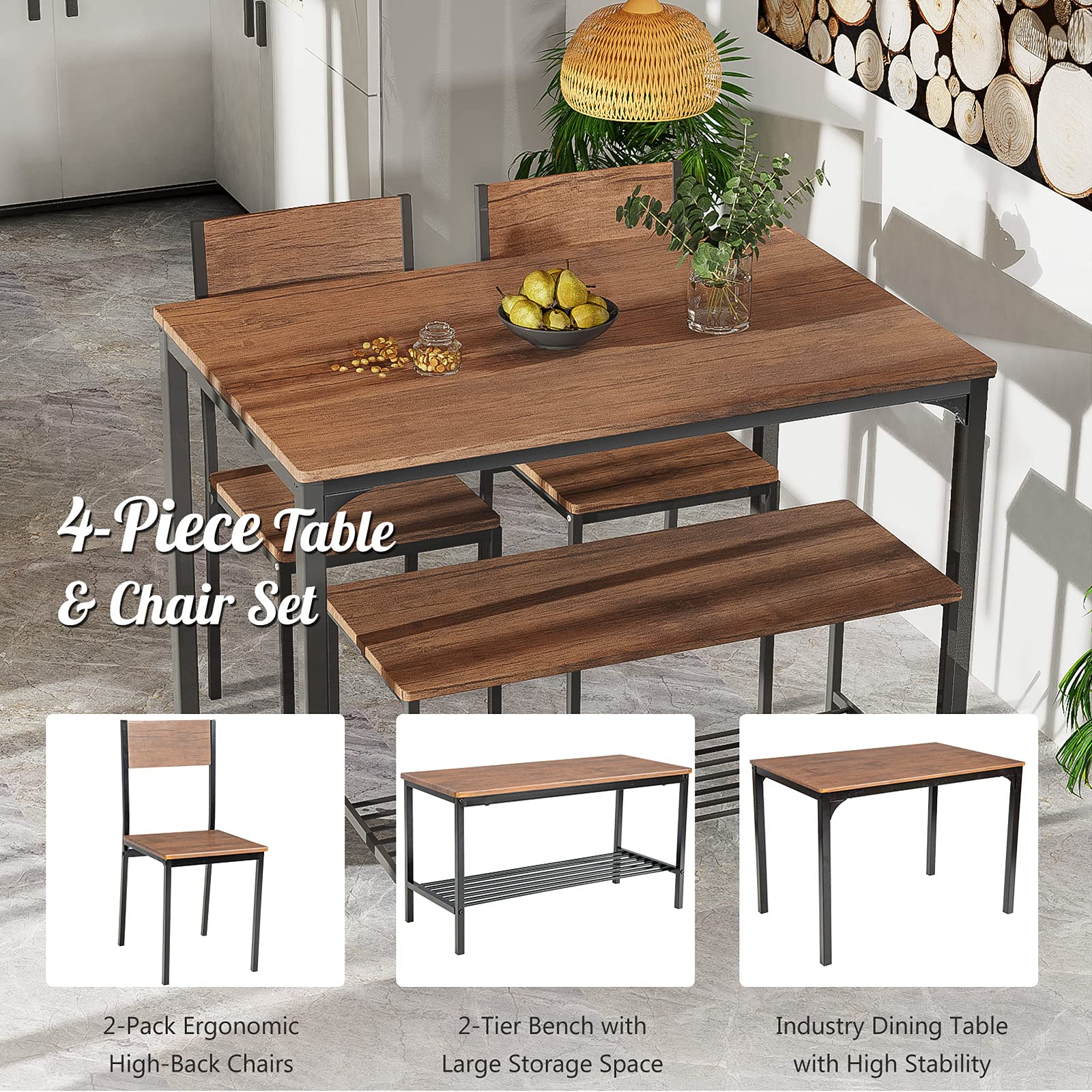 Giantex Dining Table Set for 4, Kitchen Table with Bench and Chairs, Industrial Gathering Bench Dining Set W/Metal Frame & Storage Rack, Dinette Set, Modern Functional Desk Set (Brown)