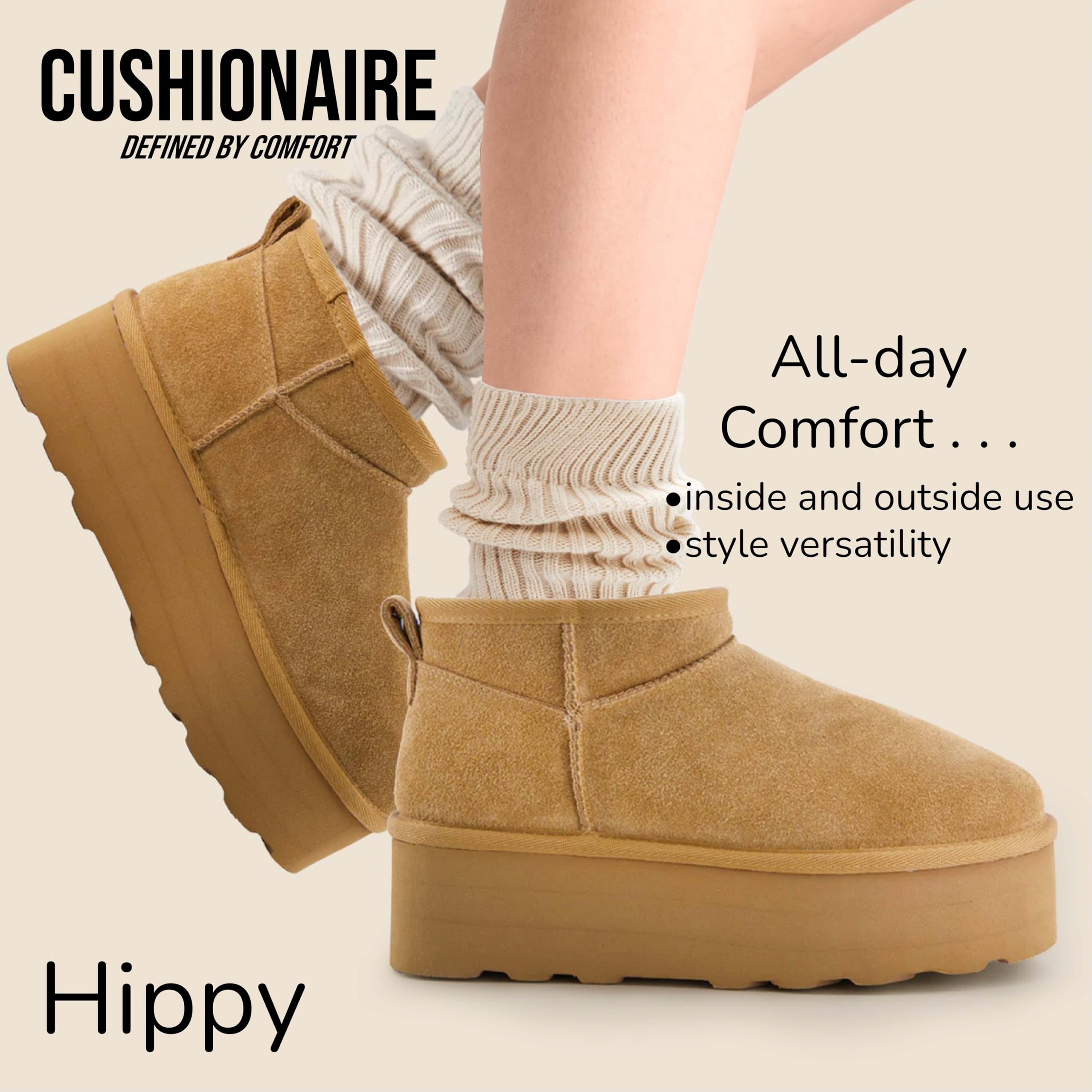 CUSHIONAIRE Hippy Womenβs Platform Ankle Boots β Genuine Suede, Faux Fur Lining, Cozy Winter Slip-On Design boots for women, CHESTNUT 11