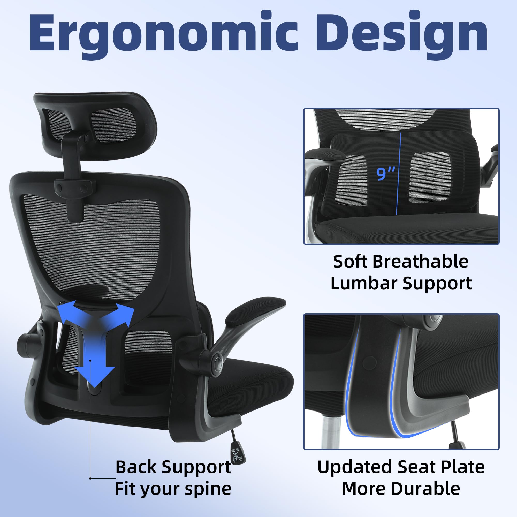 Westice Ergonomic Office Chair, Executive Mesh Office Chair with Flip up Arms & Adjustable Height, Comfortable High Back Swivel Computer Desk Chairs with Lumbar & Back Support, Black