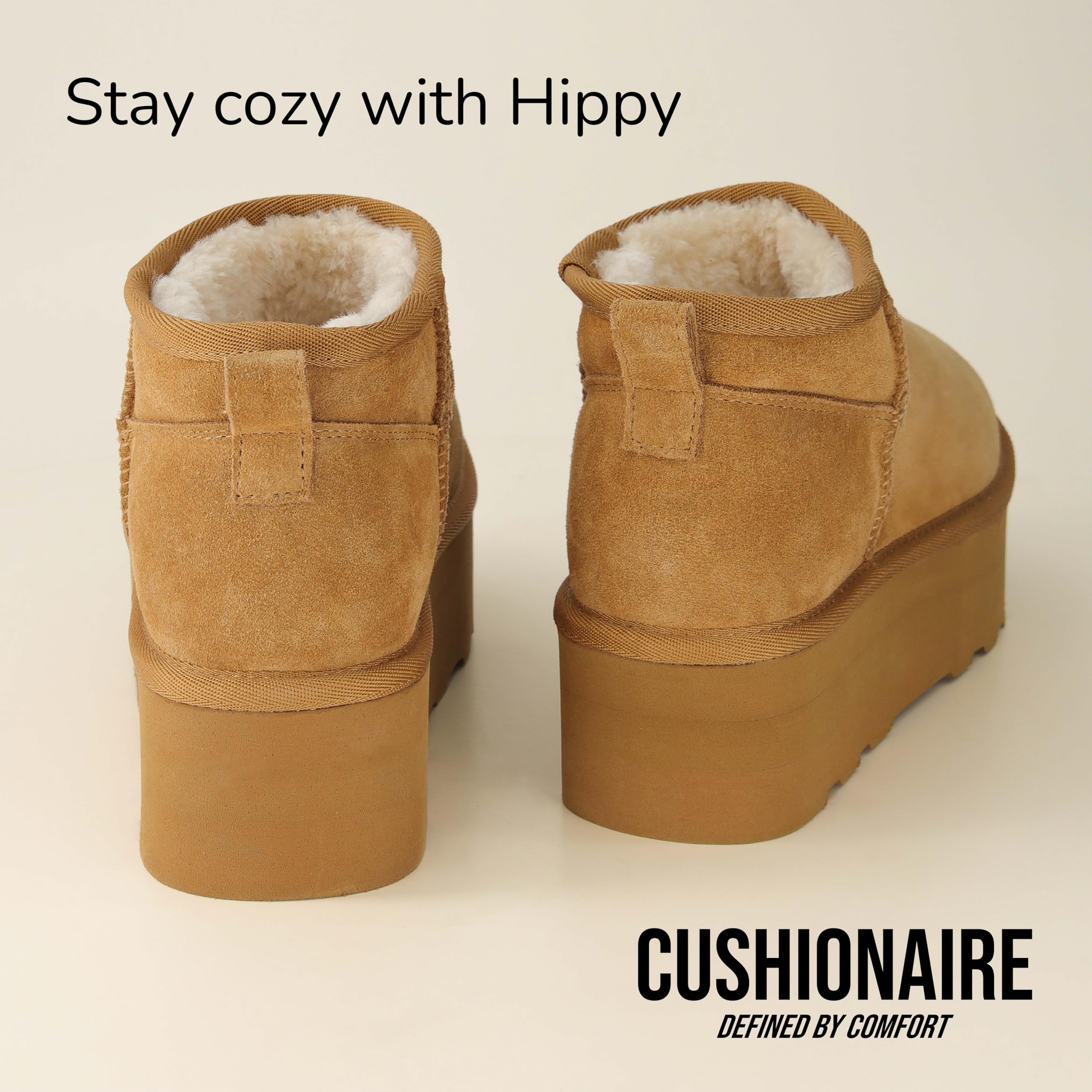 CUSHIONAIRE Hippy Womenβs Platform Ankle Boots β Genuine Suede, Faux Fur Lining, Cozy Winter Slip-On Design boots for women, CHESTNUT 11
