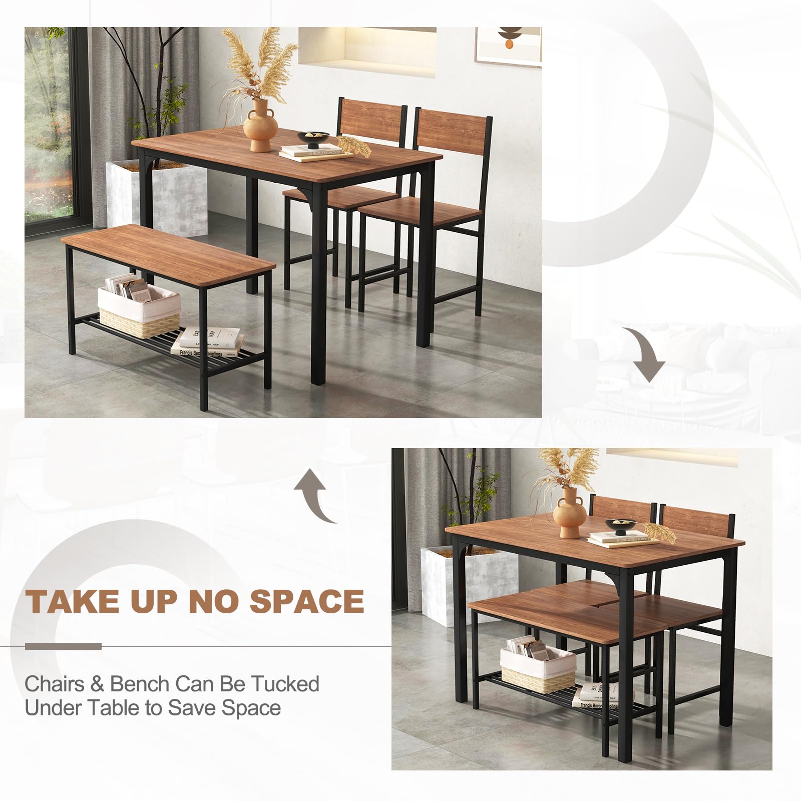 Giantex Dining Table Set for 4, Kitchen Table with Bench and Chairs, Industrial Gathering Bench Dining Set W/Metal Frame & Storage Rack, Dinette Set, Modern Functional Desk Set (Brown)