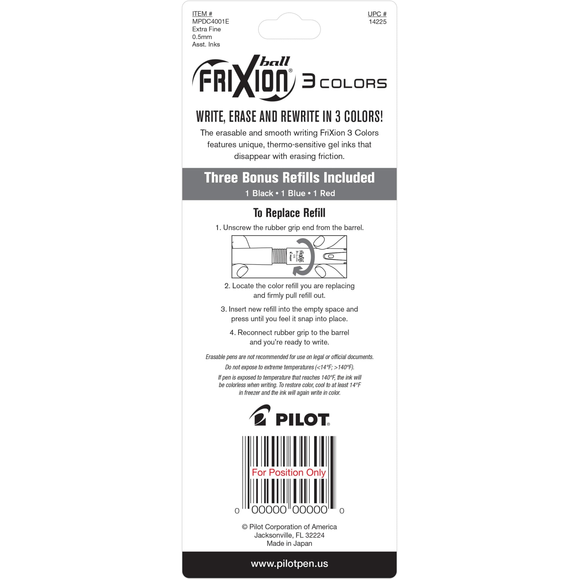 PILOT FriXion Ball 3 Erasable Gel Ink Pen, Extra Fine Point (0.5mm), Black/Blue/Red Ink, Single Pen Plus 3 Refills (14225)