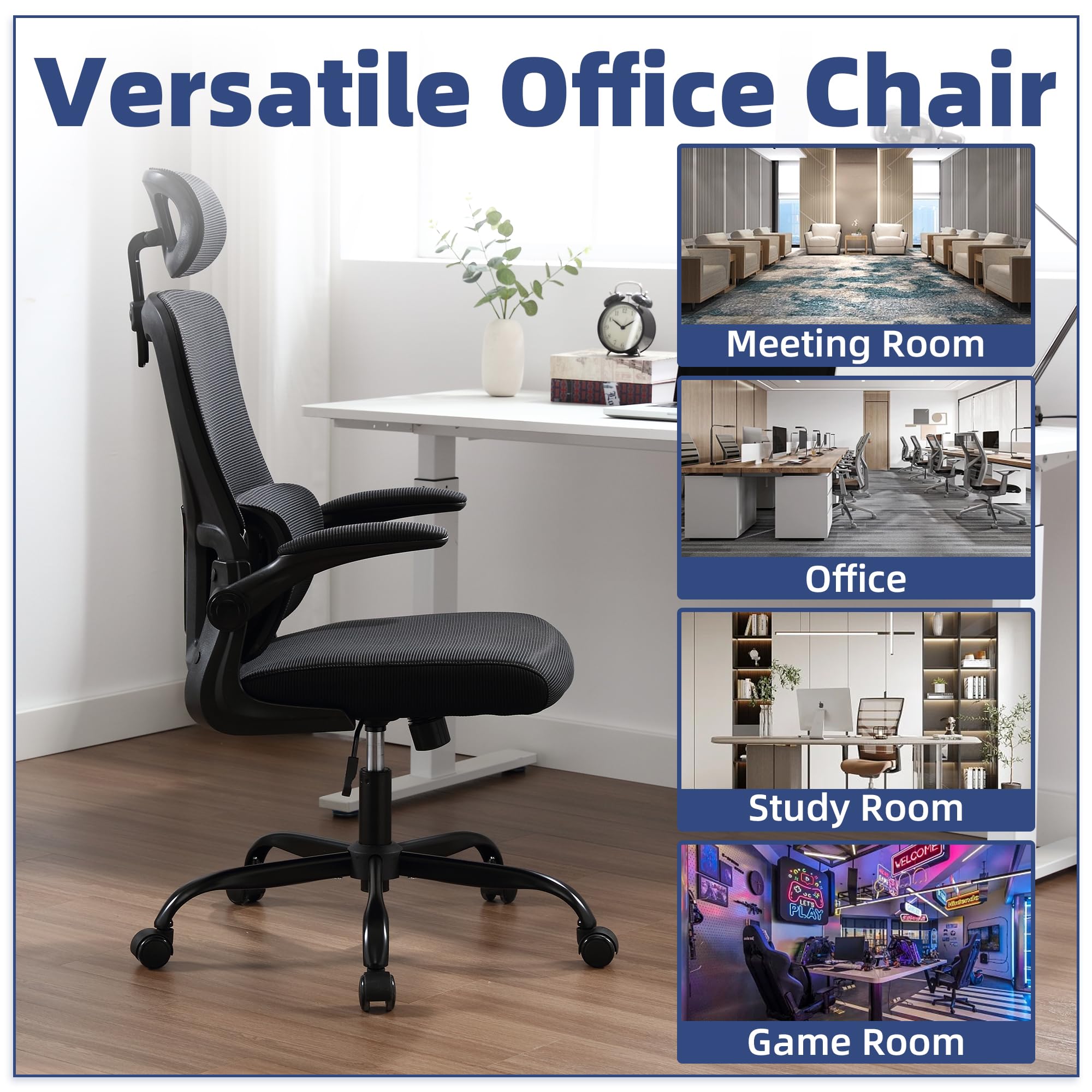 Westice Ergonomic Office Chair, Executive Mesh Office Chair with Flip up Arms & Adjustable Height, Comfortable High Back Swivel Computer Desk Chairs with Lumbar & Back Support, Black