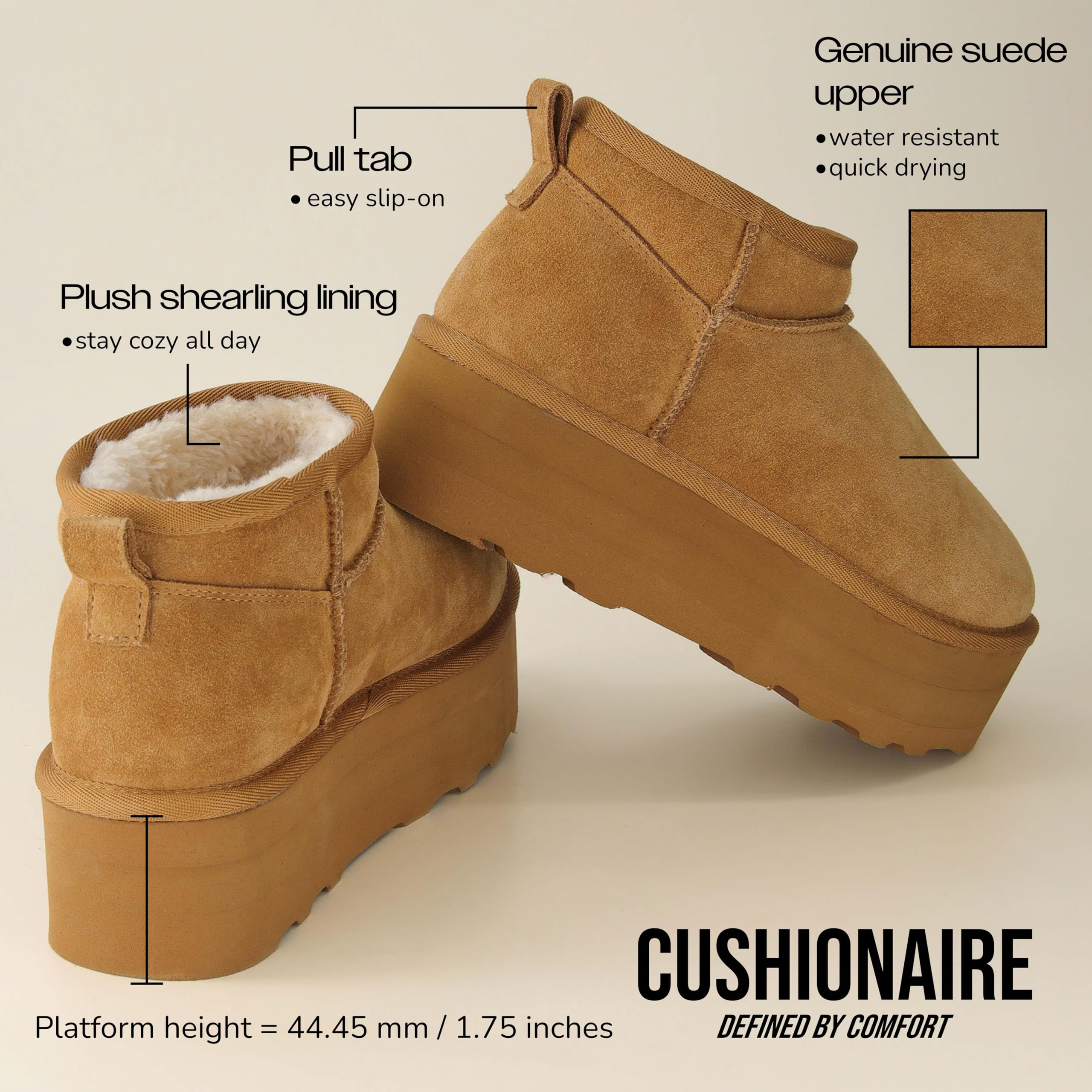 CUSHIONAIRE Hippy Womenβs Platform Ankle Boots β Genuine Suede, Faux Fur Lining, Cozy Winter Slip-On Design boots for women, CHESTNUT 11