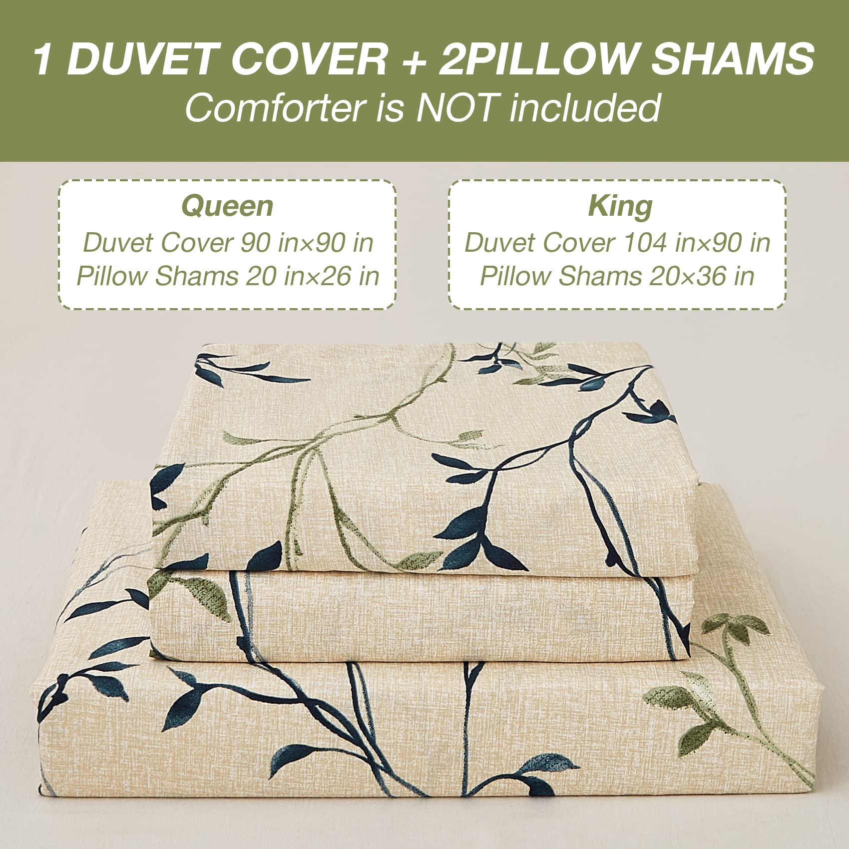 JSD Leaves Printed Duvet Cover Set Queen Size, 3 Piece Soft Microfiber Comforter Covers Zipper Closure