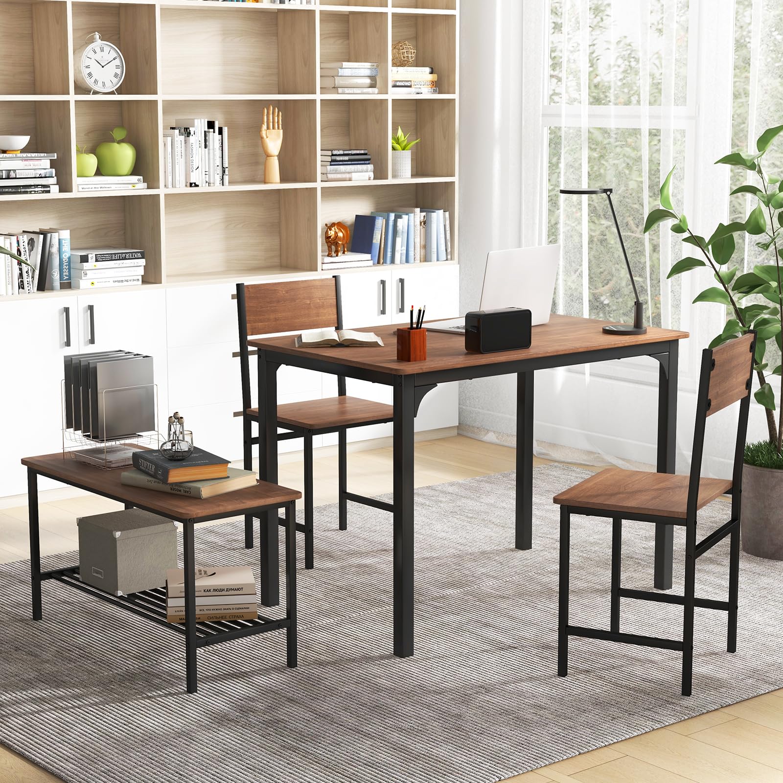 Giantex Dining Table Set for 4, Kitchen Table with Bench and Chairs, Industrial Gathering Bench Dining Set W/Metal Frame & Storage Rack, Dinette Set, Modern Functional Desk Set (Brown)