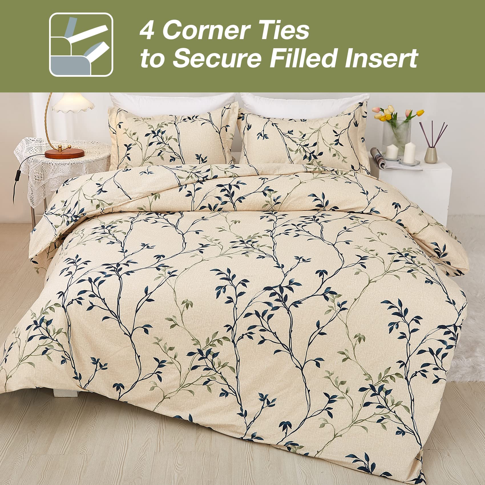 JSD Leaves Printed Duvet Cover Set Queen Size, 3 Piece Soft Microfiber Comforter Covers Zipper Closure