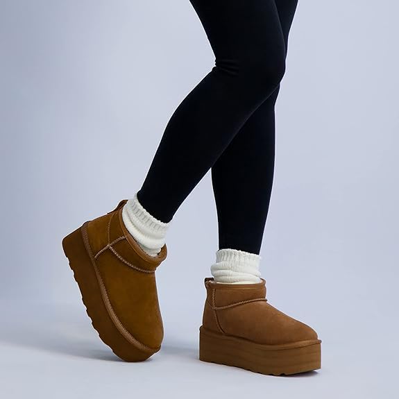 CUSHIONAIRE Hippy Womenβs Platform Ankle Boots β Genuine Suede, Faux Fur Lining, Cozy Winter Slip-On Design boots for women, CHESTNUT 11