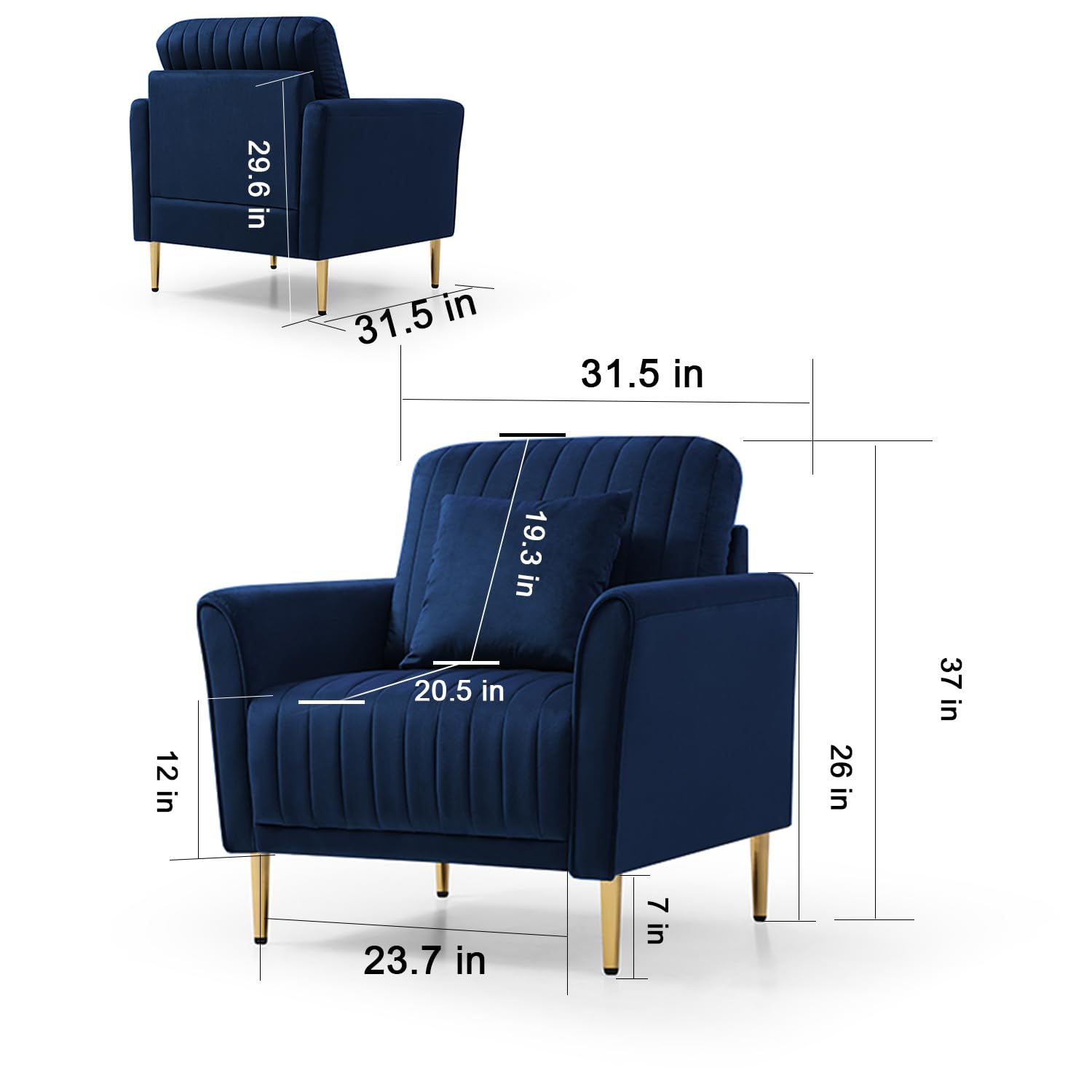 LIADTOP Velvet Accent, Modern Living Armchair Comfy Upholstered Single Sofa Chair for Bedroom Dorms Reading Reception Room with Gold Legs & Small Pillow,Navy, Blue