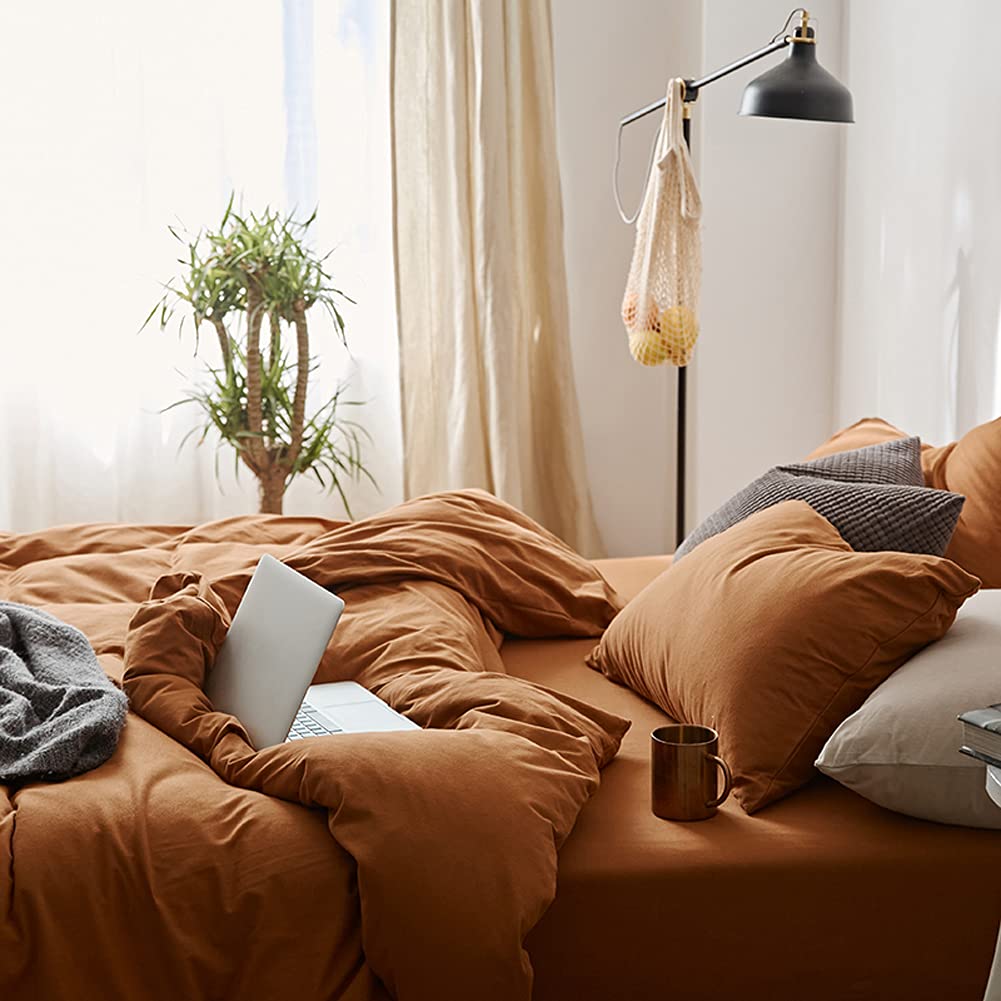 Omelas Caramel Pumpkin Duvet Cover Full Size Burnt Orange Rust Modern Minimalist Style Solid Color Bedding Sets 3 Pieces Soft Microfiber Comforter Covers with Zipper Closure for Women Men