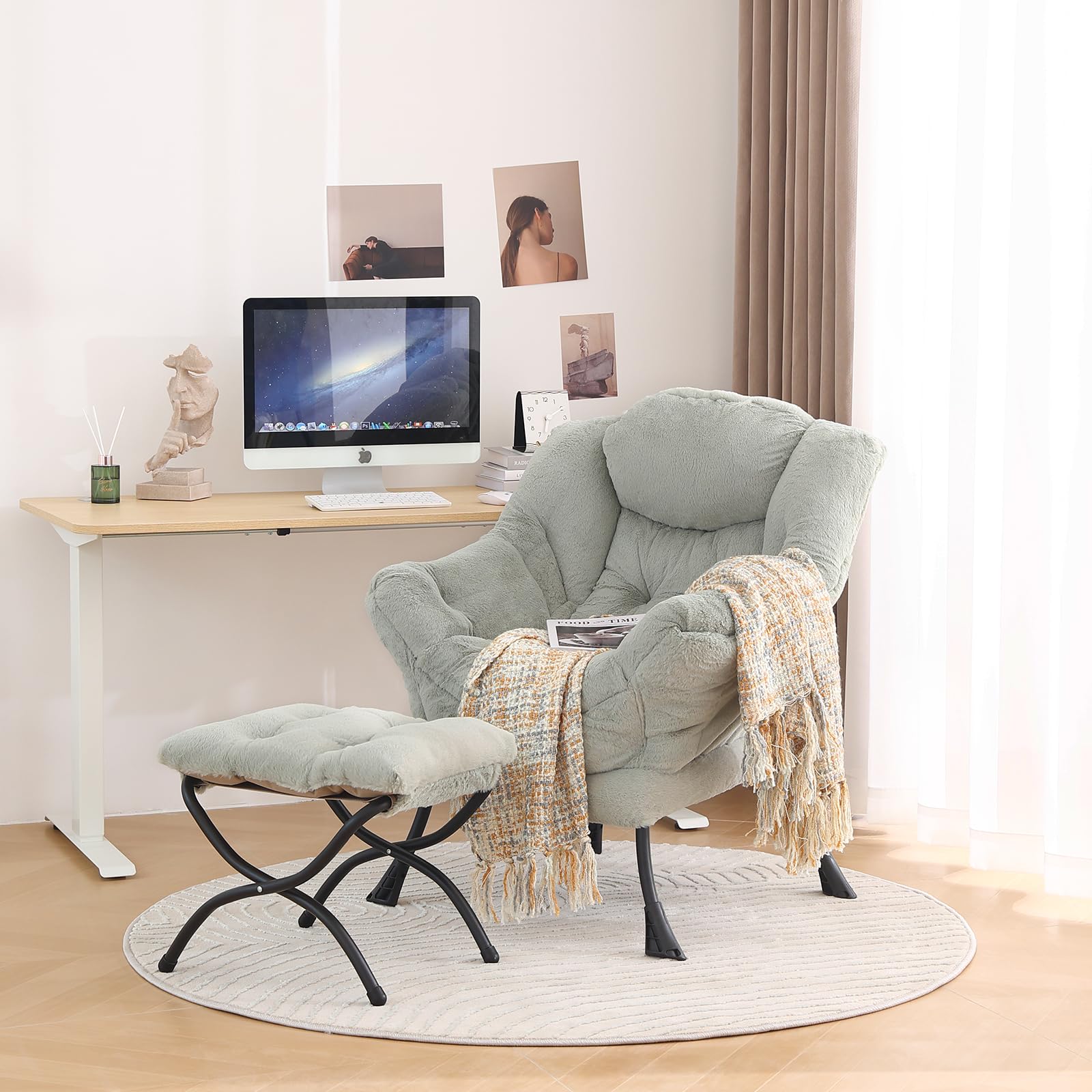 Tiita Lazy Chair with Ottoman, Modern Large Accent Lounge Chair, Leisure Sofa Armchair with Ottoman, Reading Chair with Footrest for Bedroom, Living Room, Dorm Rooms, Garden and Courtyard