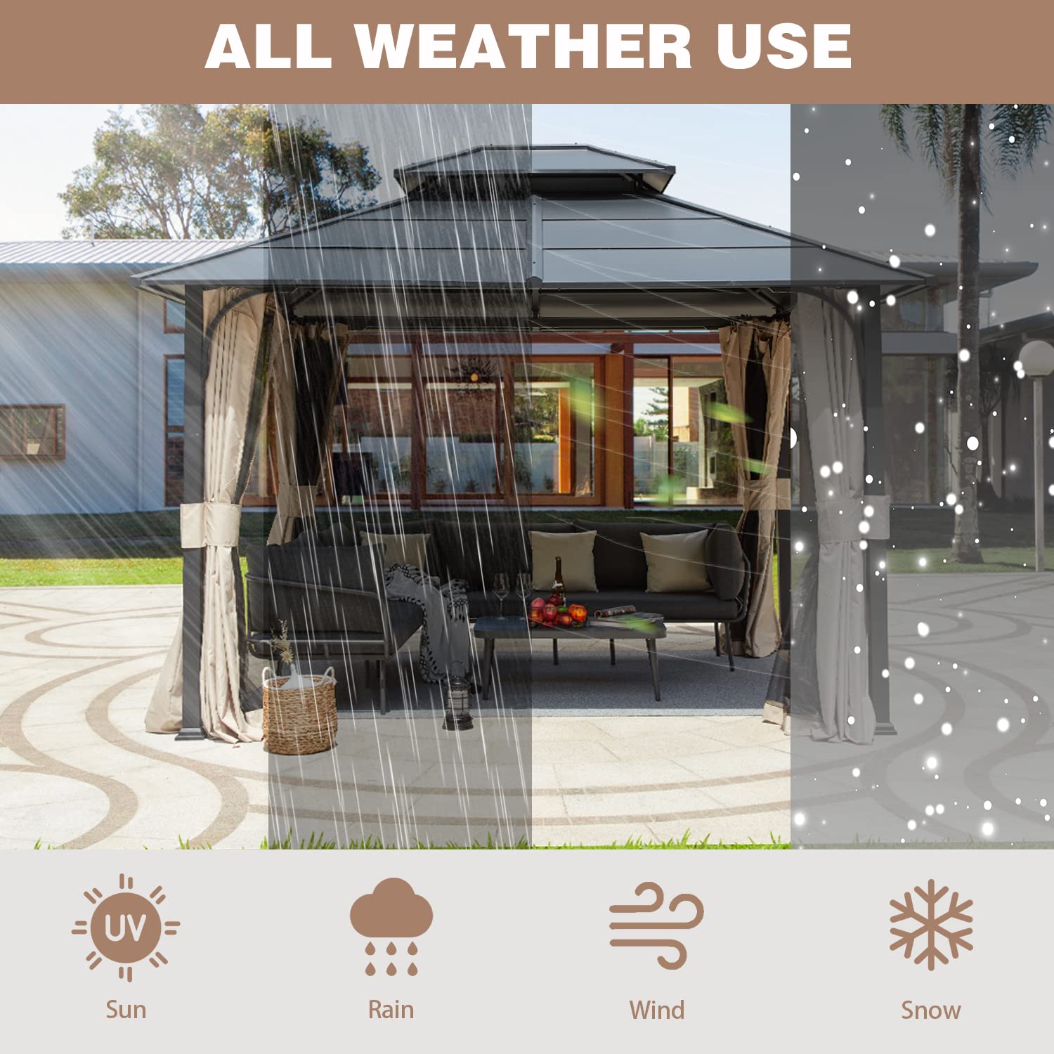 EROMMY 10'x12' Metal Gazebo, Outdoor Double Roof with Anti-Rust Coating Frames, Permanent Hardtop Canopy Gazebos with Netting and Curtains for Patio, Backyard, Deck,Lawns, and Poolside