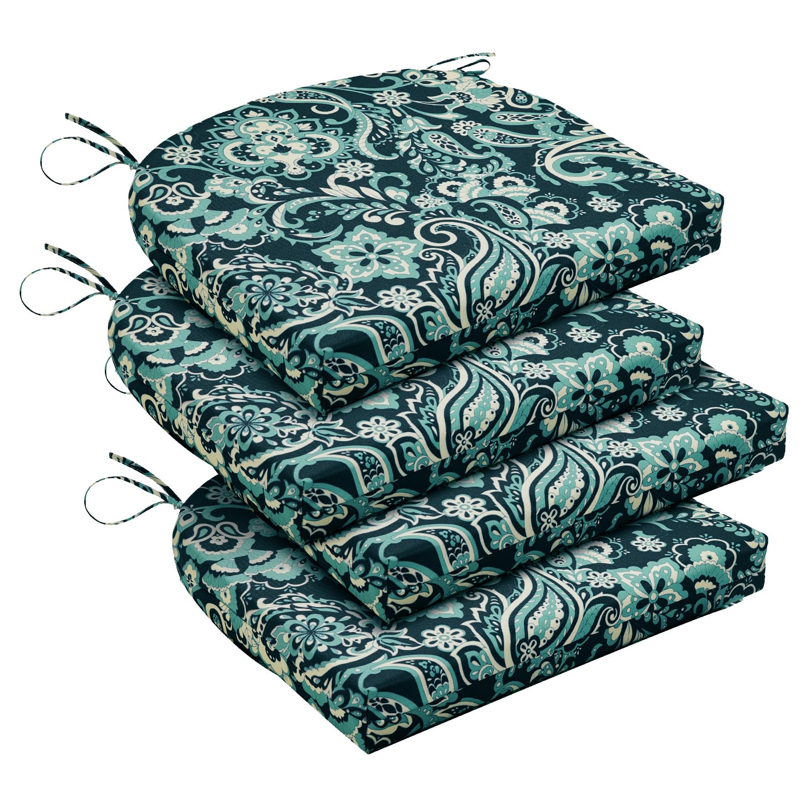 downluxe Outdoor Chair Cushions Set of 4 for Patio Furniture, Water-Resistant Round Corner Patio Chair Cushions with Ties, High Density Foam Outdoor Seat Cushion, 17" X 16" X 2", Green Paramecium