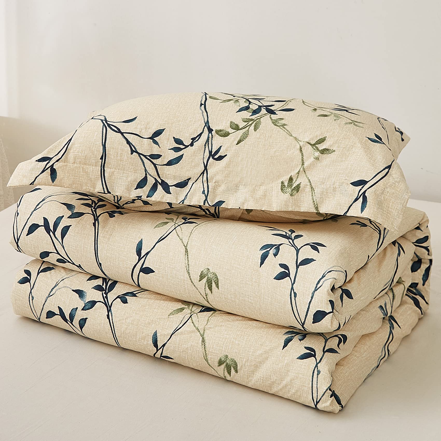 JSD Leaves Printed Duvet Cover Set Queen Size, 3 Piece Soft Microfiber Comforter Covers Zipper Closure