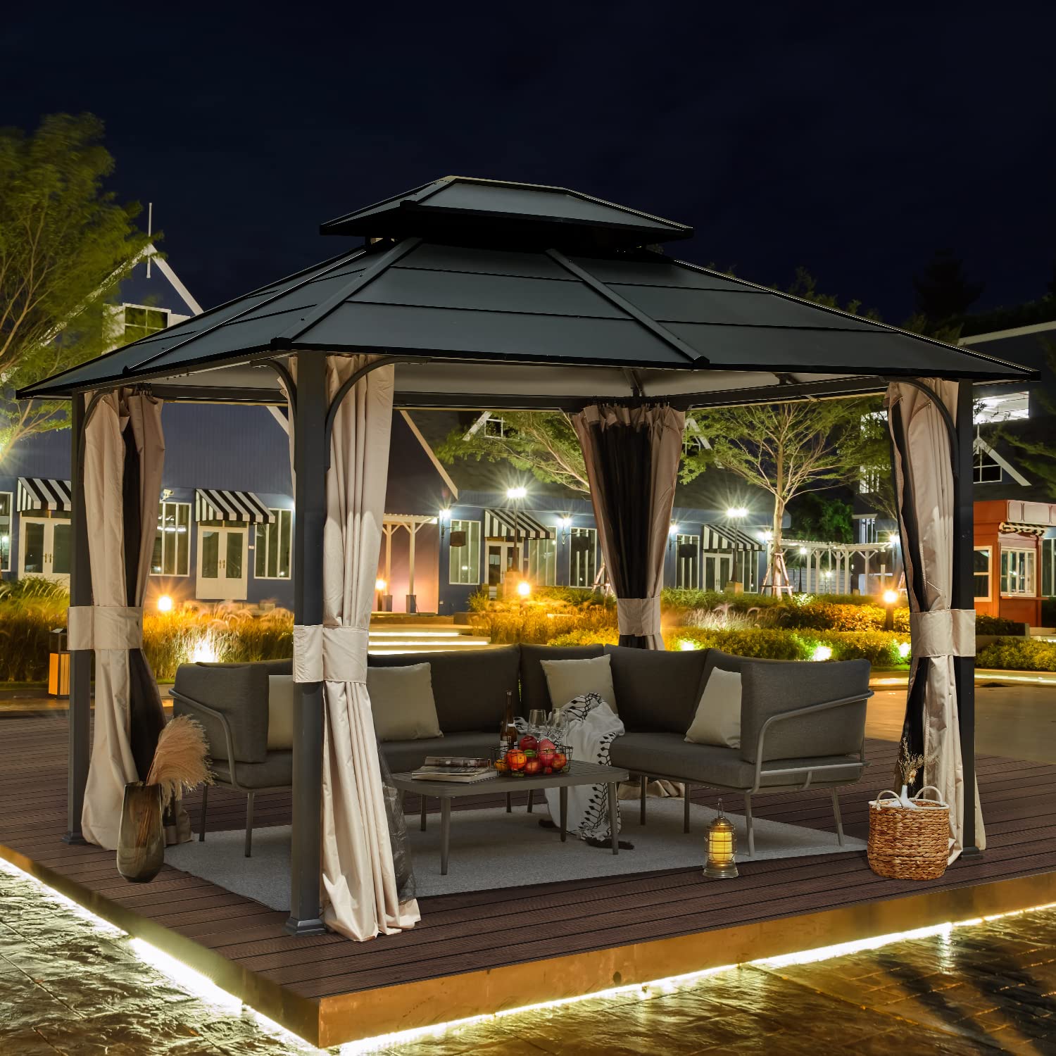 EROMMY 10'x12' Metal Gazebo, Outdoor Double Roof with Anti-Rust Coating Frames, Permanent Hardtop Canopy Gazebos with Netting and Curtains for Patio, Backyard, Deck,Lawns, and Poolside