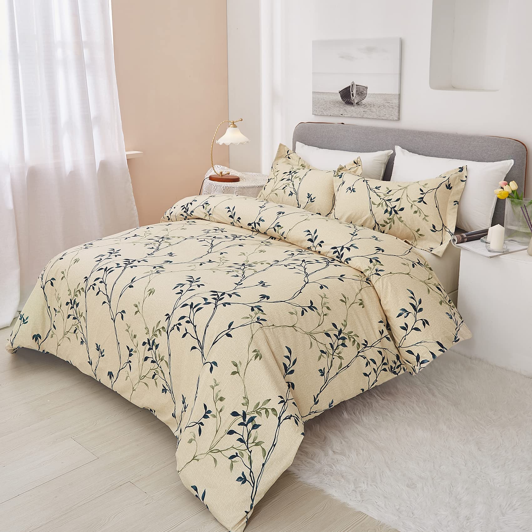 JSD Leaves Printed Duvet Cover Set Queen Size, 3 Piece Soft Microfiber Comforter Covers Zipper Closure