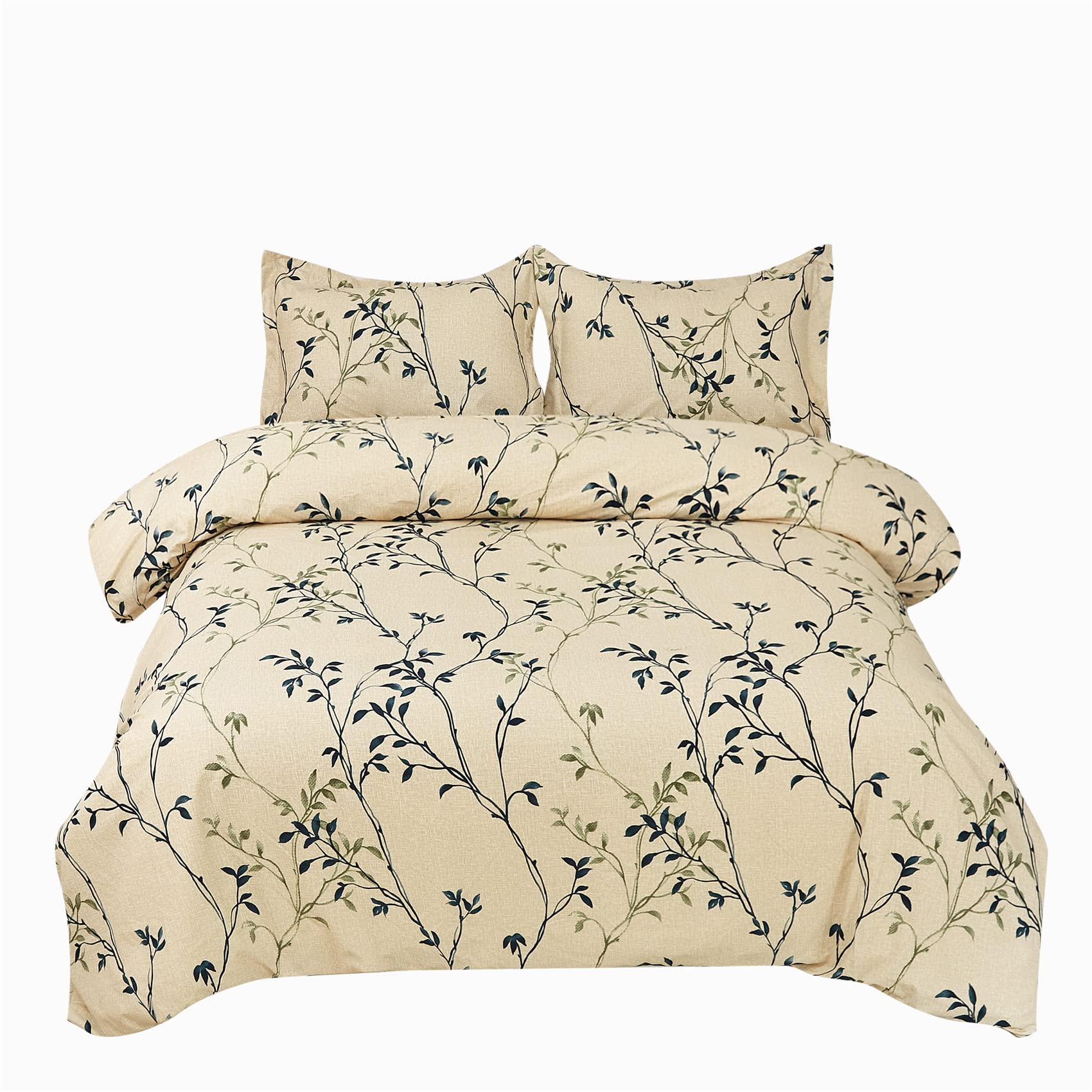 JSD Leaves Printed Duvet Cover Set Queen Size, 3 Piece Soft Microfiber Comforter Covers Zipper Closure