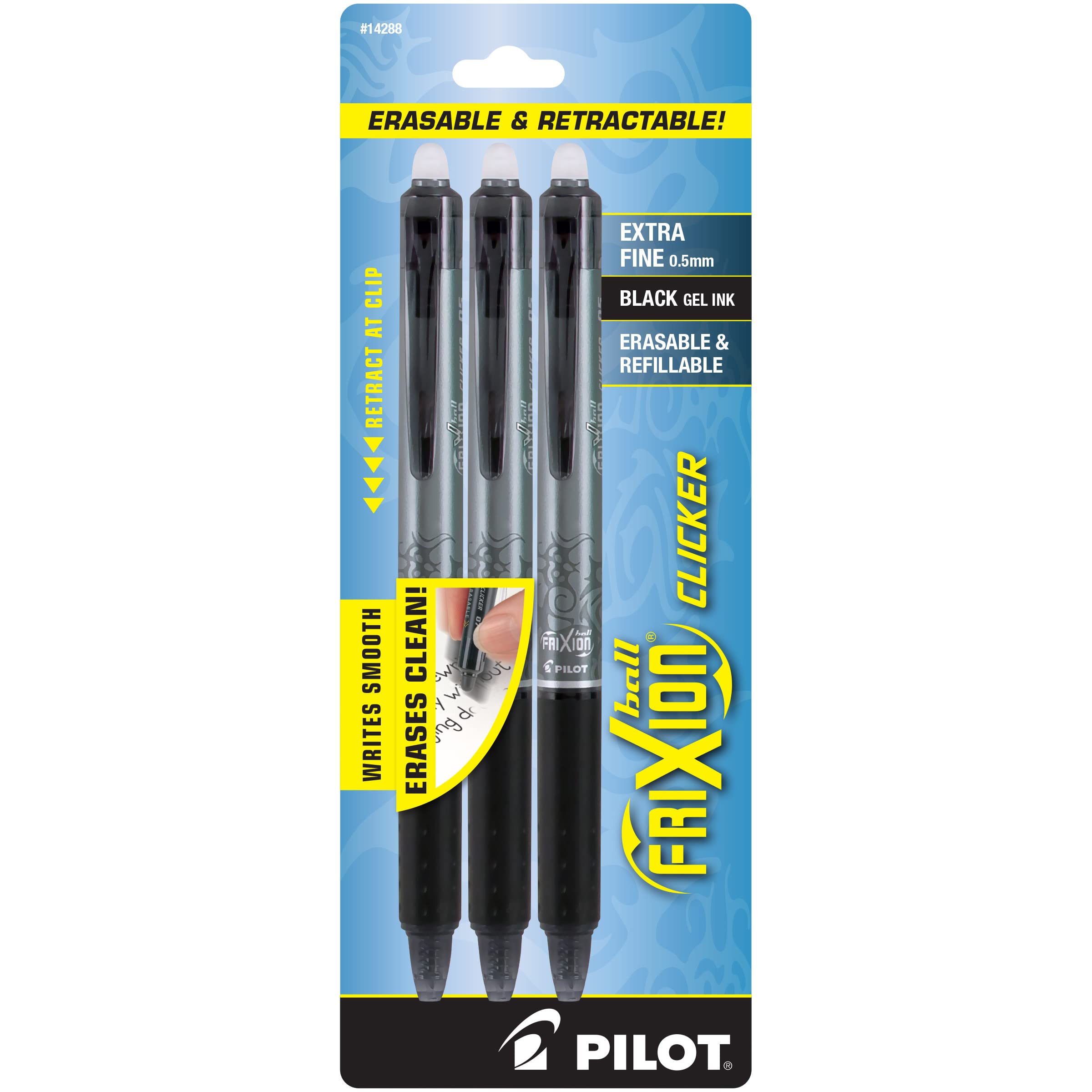 PILOT FriXion Ball Clicker Erasable Gray Barrel Pen, Extra Fine, 0.5 mm, Black Gel Ink, 3 Pack (14288)