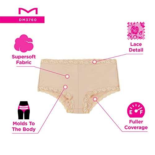 Maidenform Women's Underwear, Microfiber with Lace Boyshort Panties, One Fab Fit, 3-Pack, Sandshell/Sandshell/Iced Mocha Leo Print