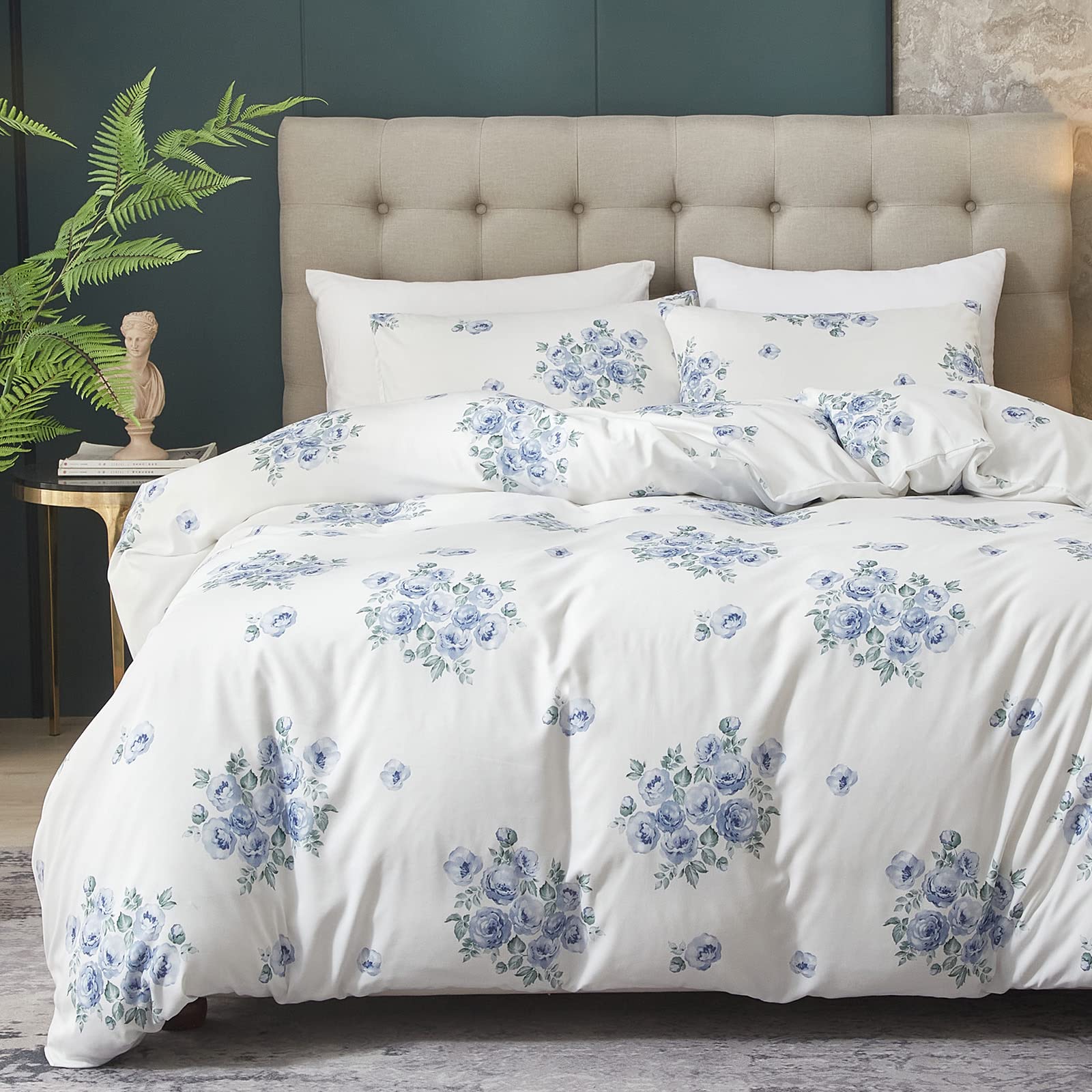 HYPREST Floral Duvet Cover Set King Size, 3 Pieces Blue Floral Farmhouse Duvet Cover Set- Soft, Lightweight & Breathable, Standard 100 by Oeko-Tex(No Comforter)