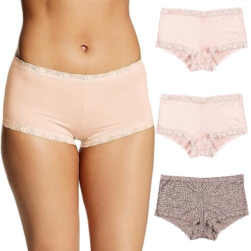 Maidenform Women's Underwear, Microfiber with Lace Boyshort Panties, One Fab Fit, 3-Pack, Sandshell/Sandshell/Iced Mocha Leo Print
