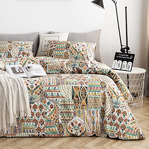 YuHeGuoJi Beige Paisley Duvet Cover Queen 100% Cotton Rust Floral Duvet Cover 3 Pcs Set 1 Exotic Boho Damask Patterned Duvet Cover with Zipper Ties 2 Pillowcases Bohemian Flower Bedding Set Soft
