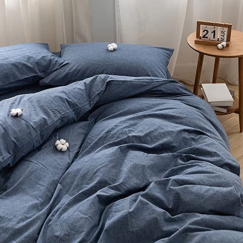FACE TWO FACE Bedding Duvet Cover Set 3 Pieces 100% Washed Cotton Duvet Cover Linen Like Textured Breathable Durable Soft Comfy (Queen, Denim)