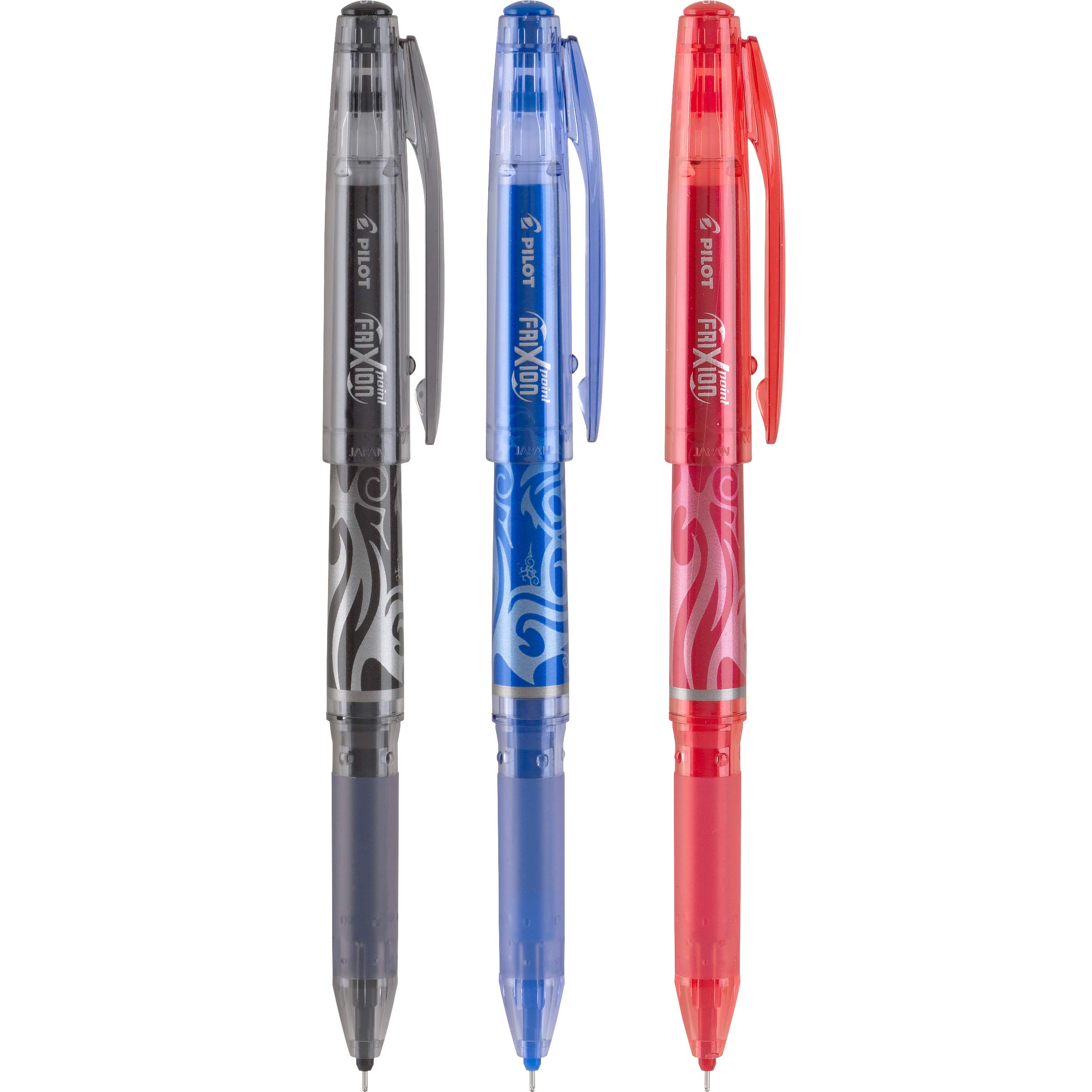 Pilot, FriXion Point Erasable & Refillable Gel Ink Pens, Extra Fine Point 0.5 mm, Pack of 3, Black, Blue & Red