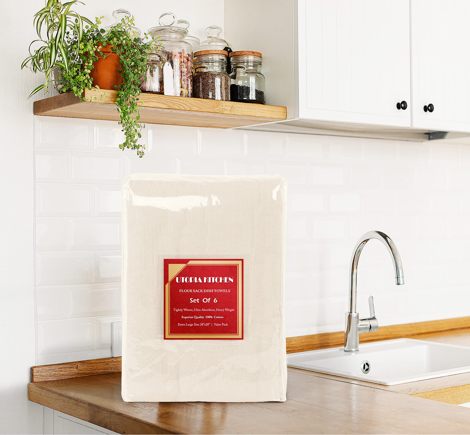 Utopia Kitchen Natural Flour Sack Towels [6 Pack - 28 x 28 Inch] 100% Cotton Tea Towels for Cleaning & Drying - Highly Absorbent Kitchen Dish Cloth