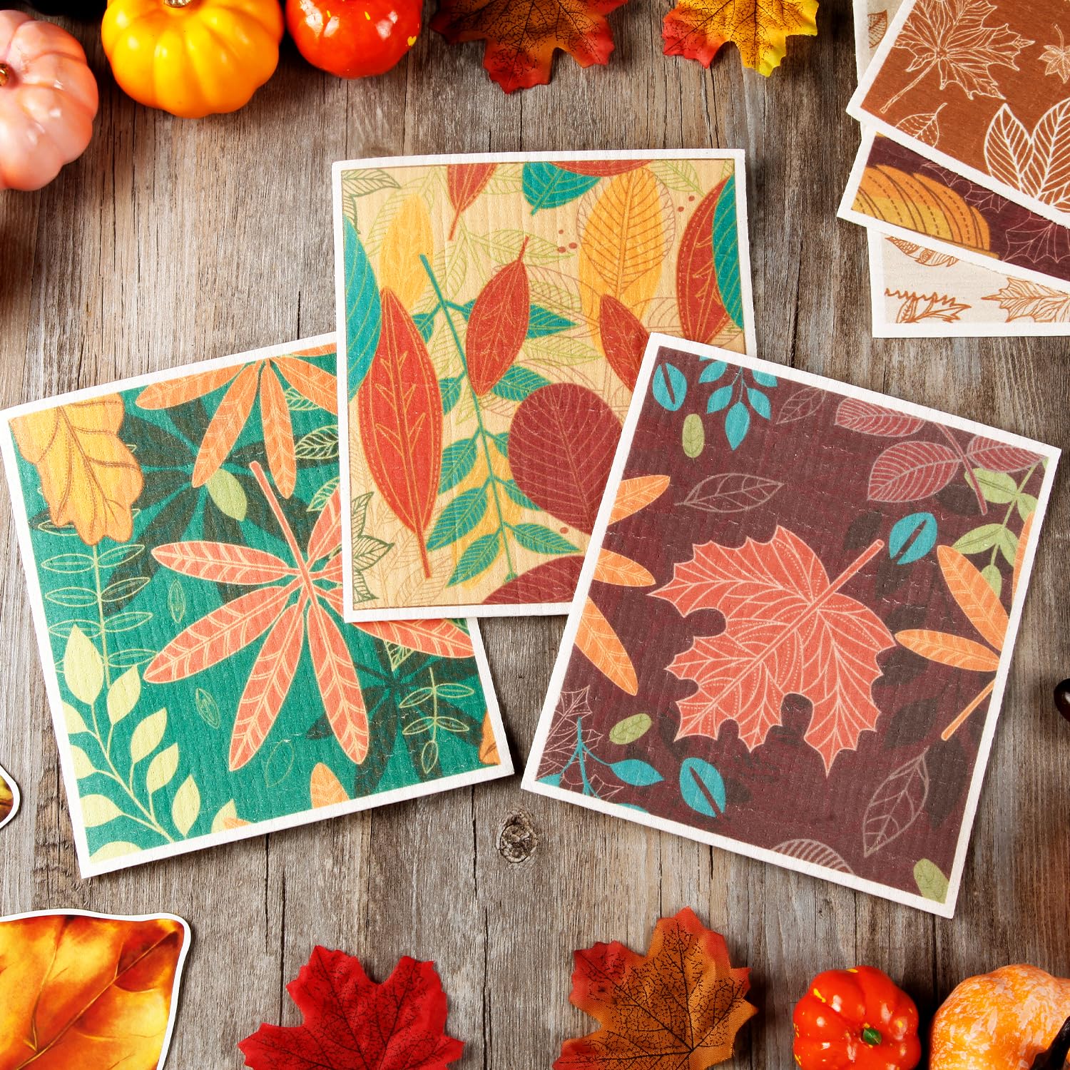 GreenPine 6 Pcs Fall Swedish Kitchen Dishcloths Thanksgiving Kitchen Dish Towel Autumn Leaves Reusable Washable Cotton Cloth Absorbent Dish Cloth for Kitchen Washing Cleaning
