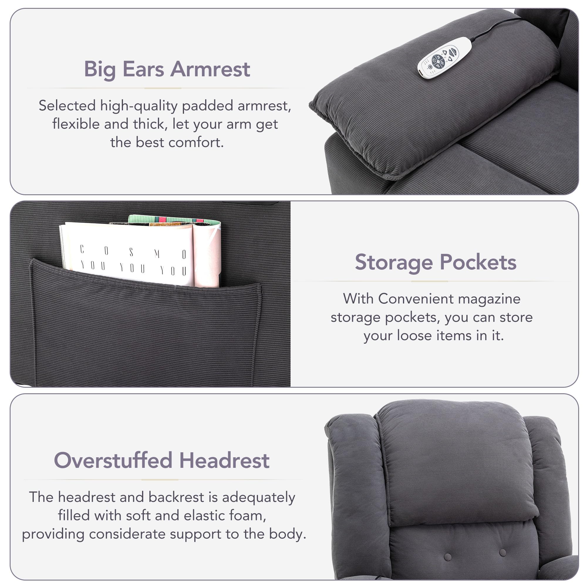 LIADTOP, Power Lift Elderly with Adjustable Massage and Heating Function,Recliner Chair with Infinite Position and Side Pocket for Living Room,Gray