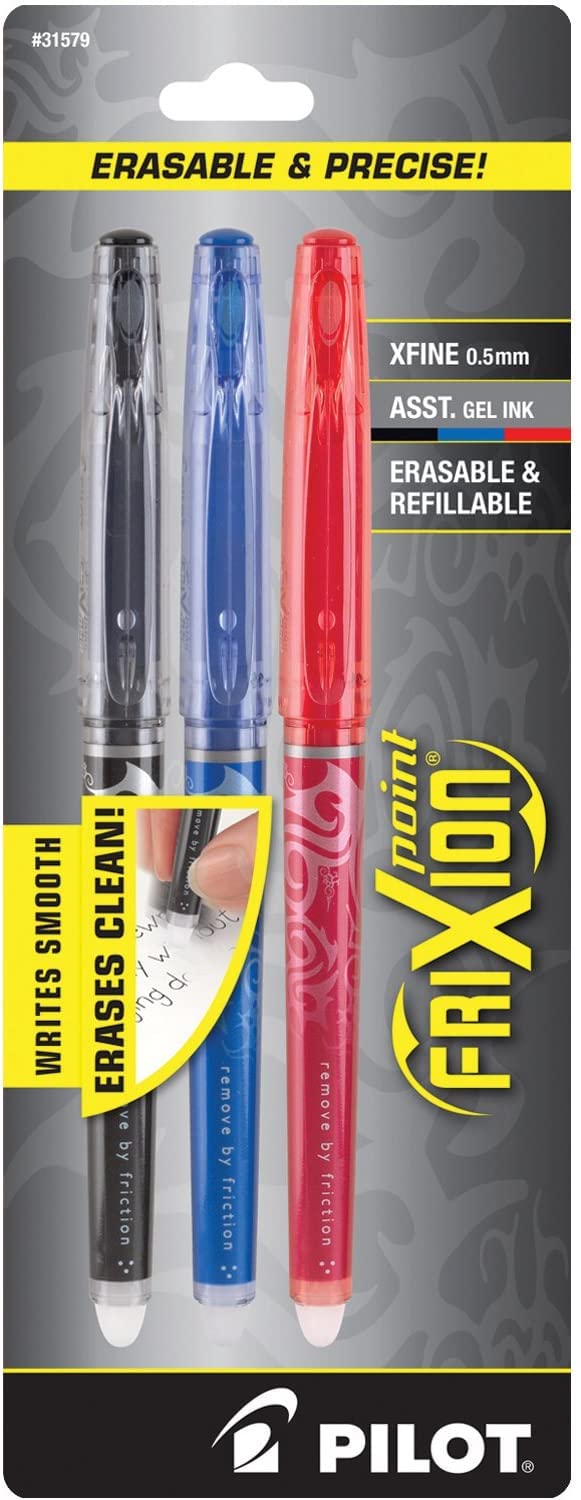 Pilot, FriXion Point Erasable & Refillable Gel Ink Pens, Extra Fine Point 0.5 mm, Pack of 3, Black, Blue & Red