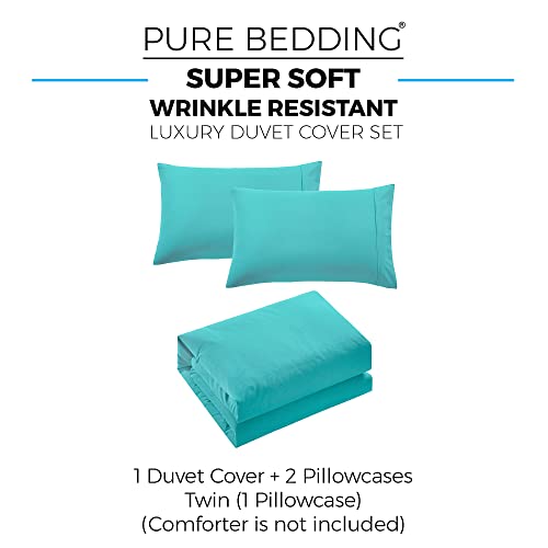 Pure Bedding Duvet Cover Queen [3-Piece, Aqua] - 1 Comforter Protector with Zipper Flap and 2 Pillow Shams - Hotel Luxury 1800 Brushed Microfiber - Ultra Soft, Cool and Breathable Comforter Cover