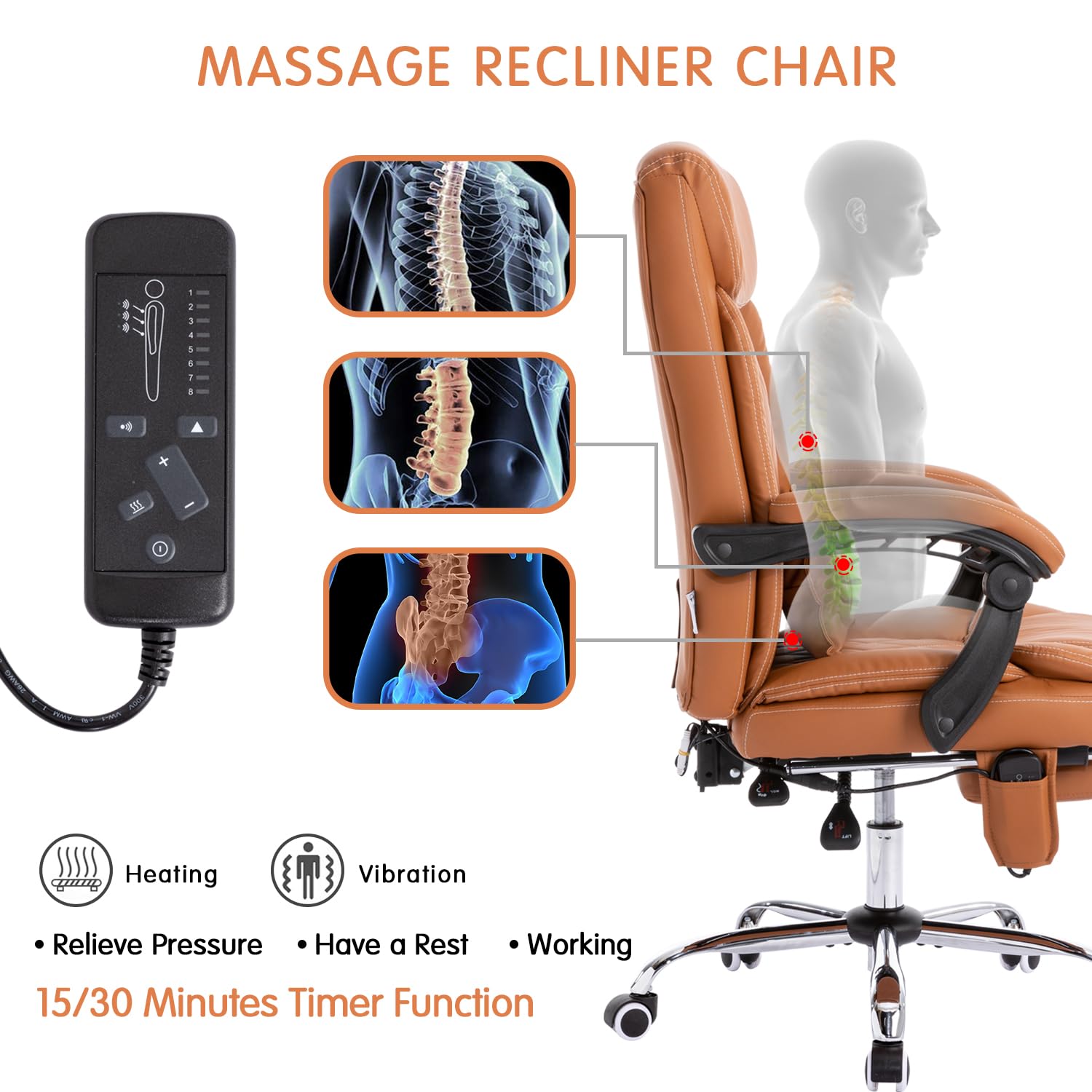 BOWTHY Executive Massage Office Chair with Heated,45°Reclining Ergonomic Chairs with Footrest,High Back Computer Desk Chairs with Wheels,Diamond-Stitched Cushion Brown Leather Office Chair