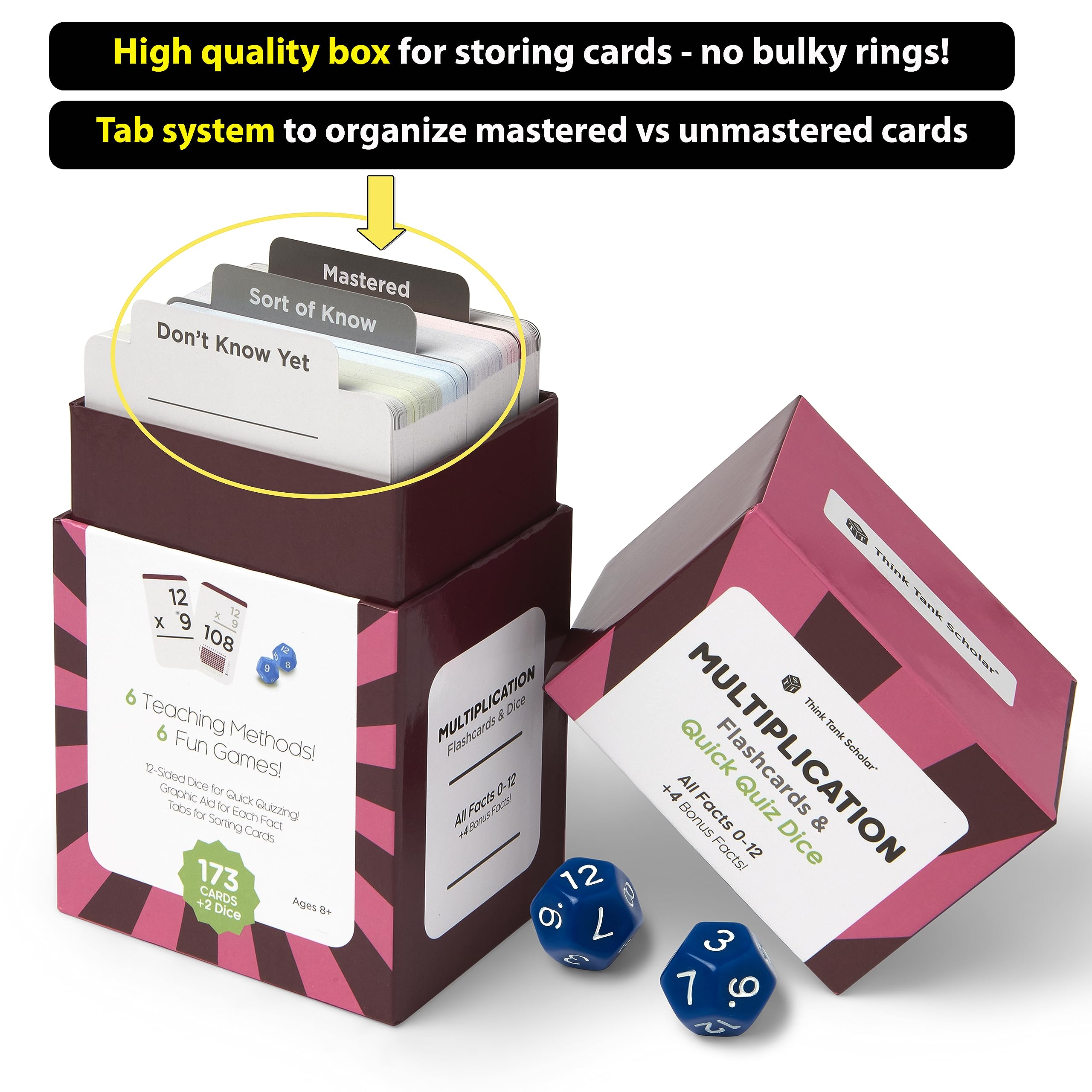 Think Tank Scholar 335 Multiplication & Division Flash Cards - 2 Math Dice (Award Winning) All Facts 0-12 Answer on Back, for Kids in 2ND, 3RD, 4TH, 5TH, 6TH Grade Class or Homeschool - Games & Charts