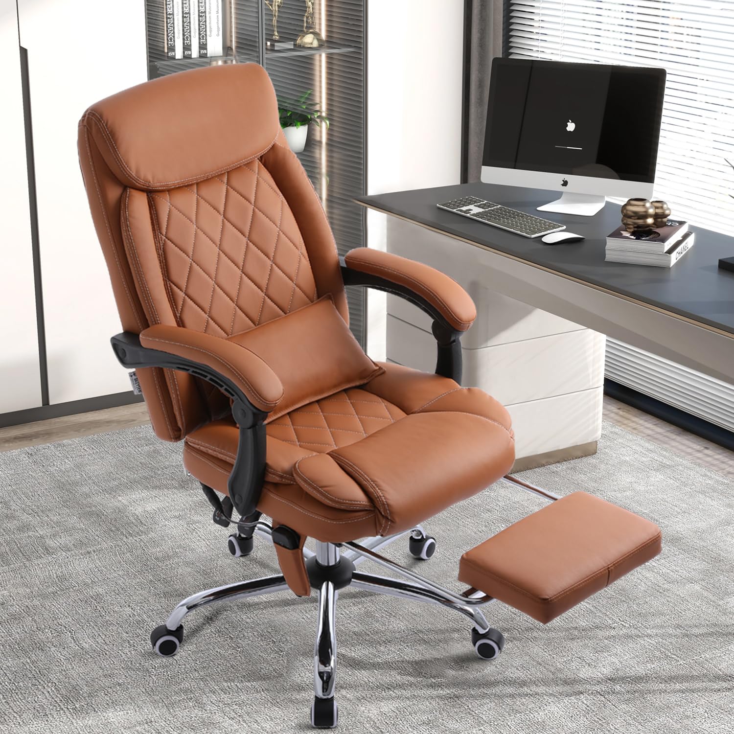 BOWTHY Executive Massage Office Chair with Heated,45°Reclining Ergonomic Chairs with Footrest,High Back Computer Desk Chairs with Wheels,Diamond-Stitched Cushion Brown Leather Office Chair